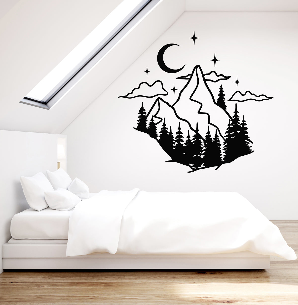 Vinyl Wall Decal Fir Trees Mountains Crescent Stars Bedroom Stickers M ...