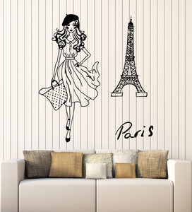 Vinyl Wall Decal Fashion Girl Paris Eiffel Tower French Model Romantic ...