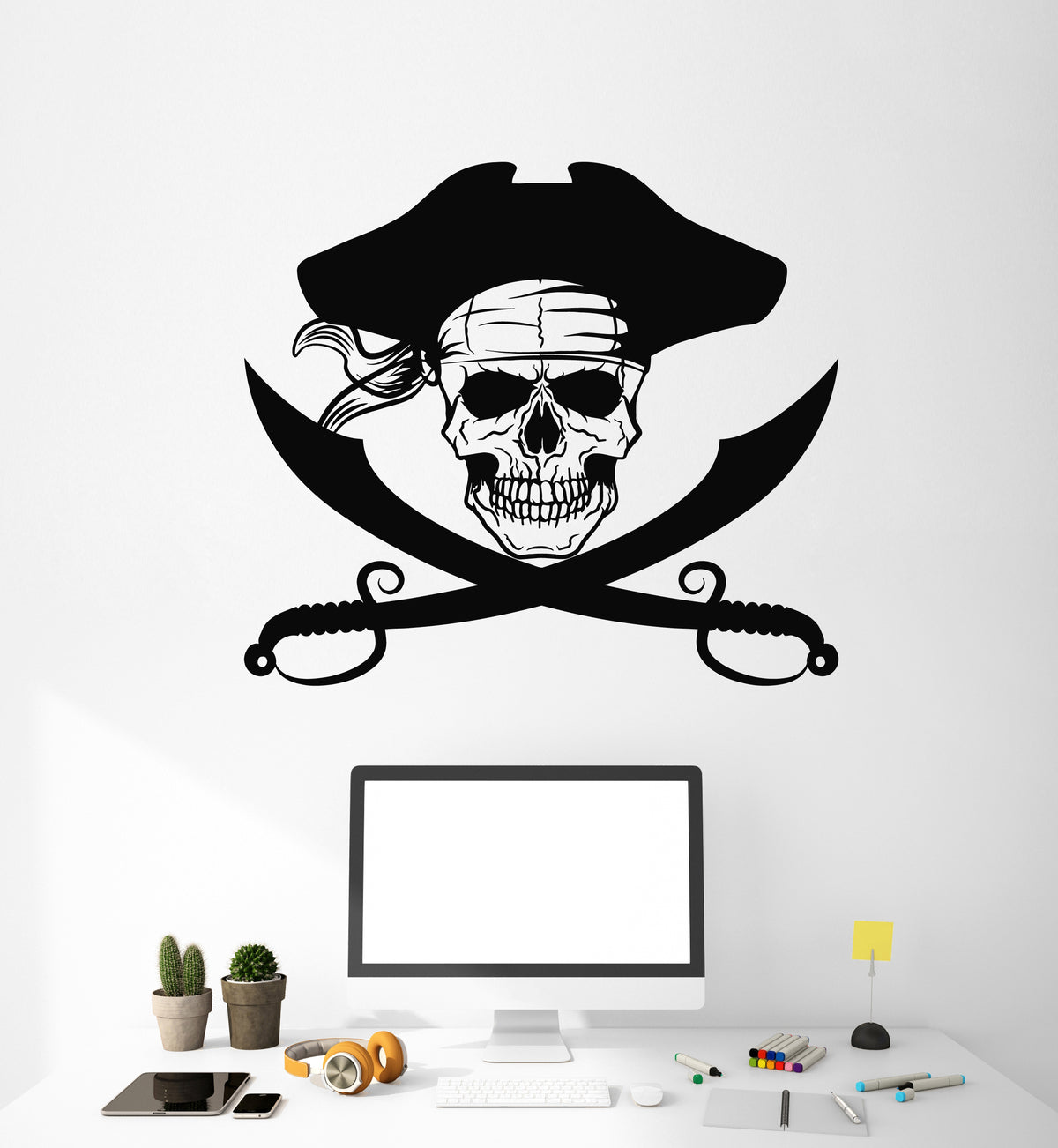 Vinyl Wall Decal Sea Skull Pirate Skeleton Swords Nautical Style Stick ...