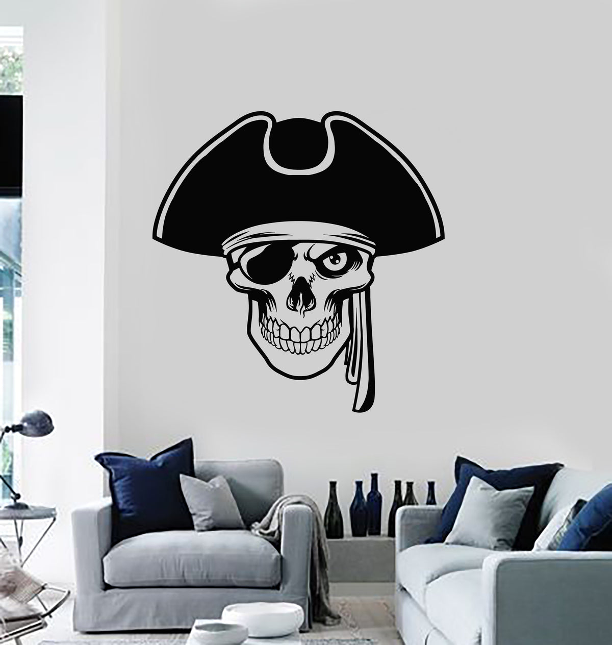 Vinyl Wall Decal Sea Pirate Skull Skeleton Hat Marine Style Stickers M ...