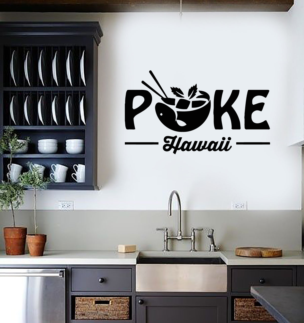 Vinyl Wall Decal Poke Hawaii Fish Food Packing Cafe Logo Stickers Mura ...