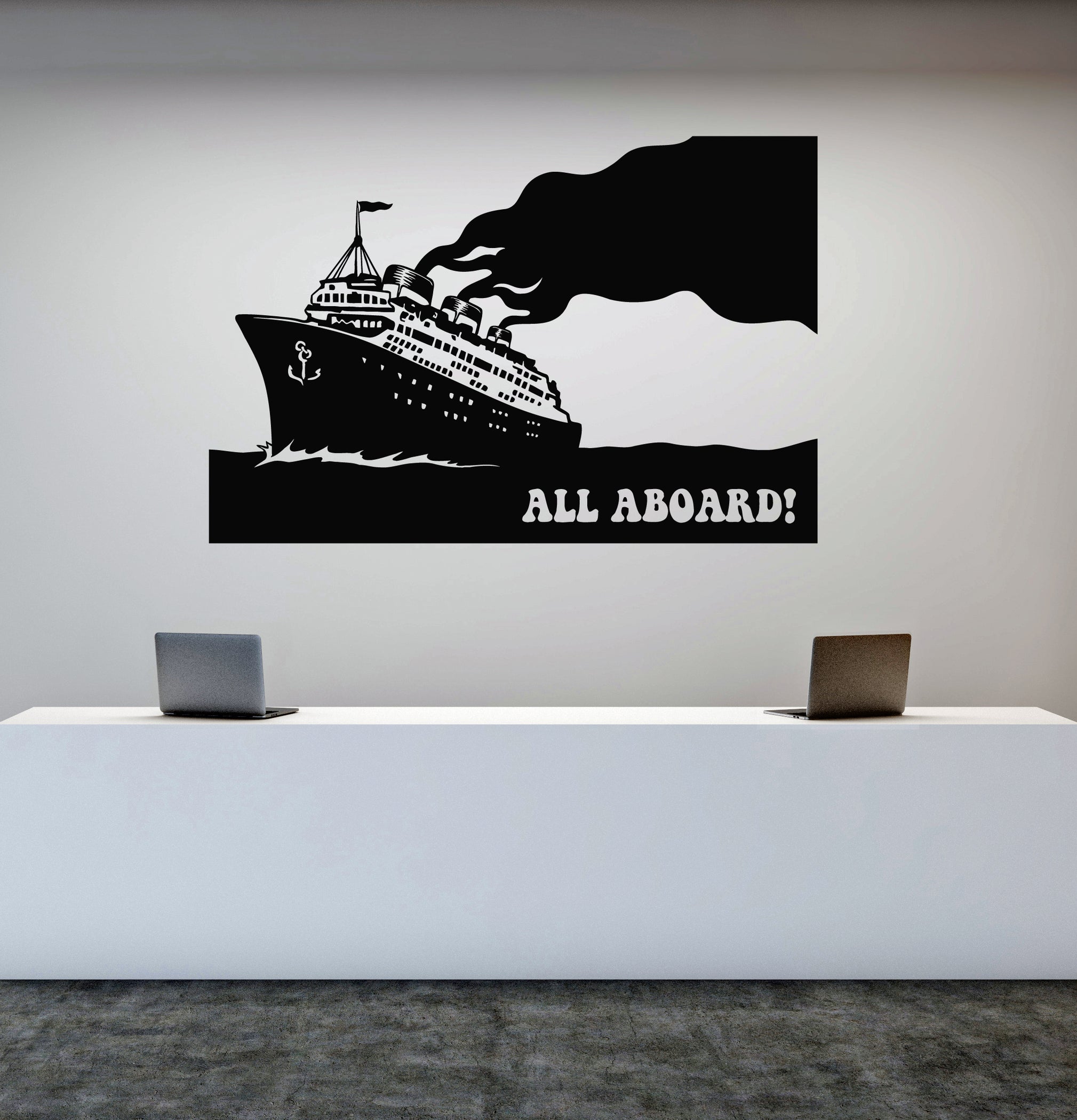 Vinyl Wall Decal Phrase All Aboard Ocean Liner Cruise Ship Travel Stic ...