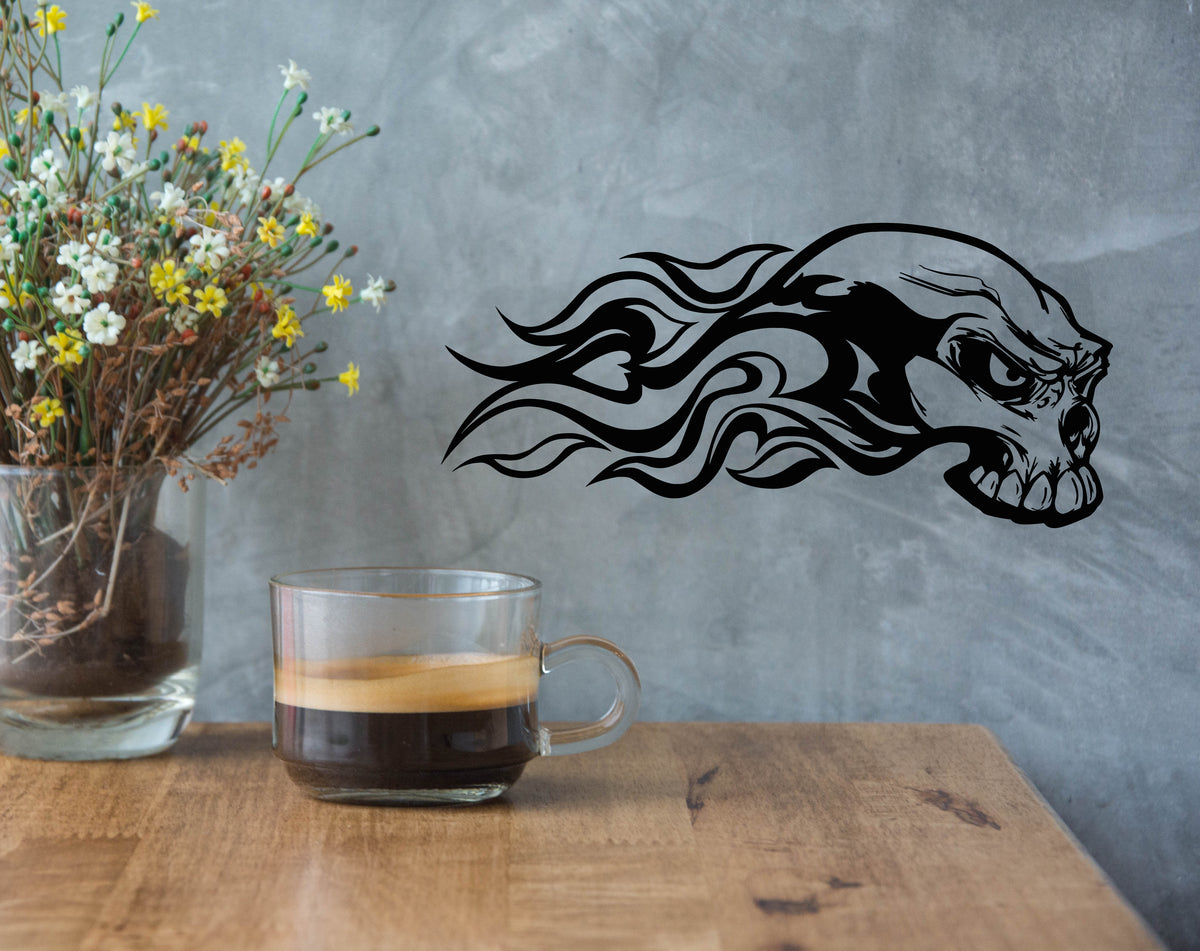 Vinyl Wall Decal Bones Skull With Flames Fire Death Scary Stickers Mur ...