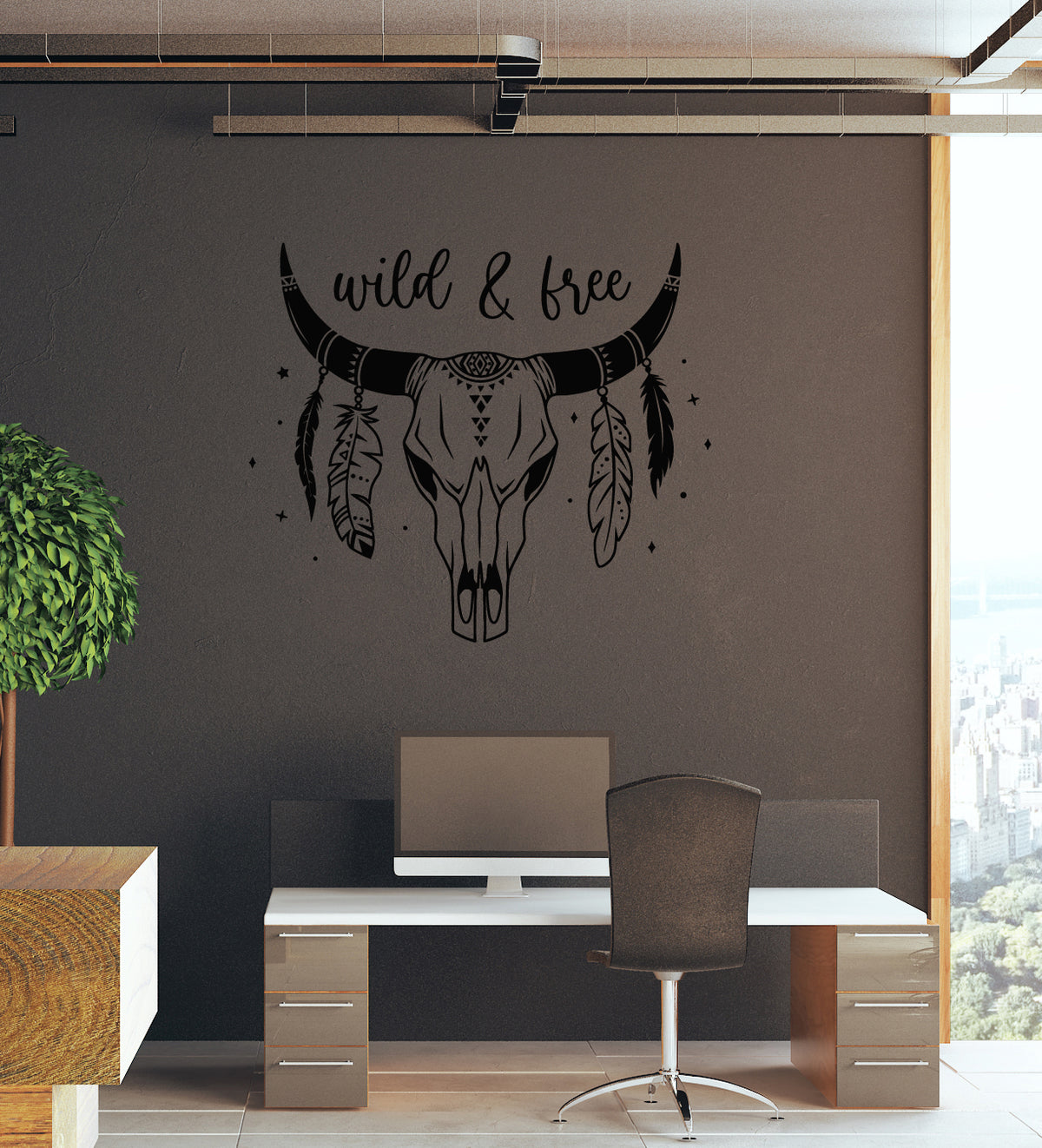 Vinyl Wall Decal Animals Skull Wild And Free Feathers Horns Stickers M ...