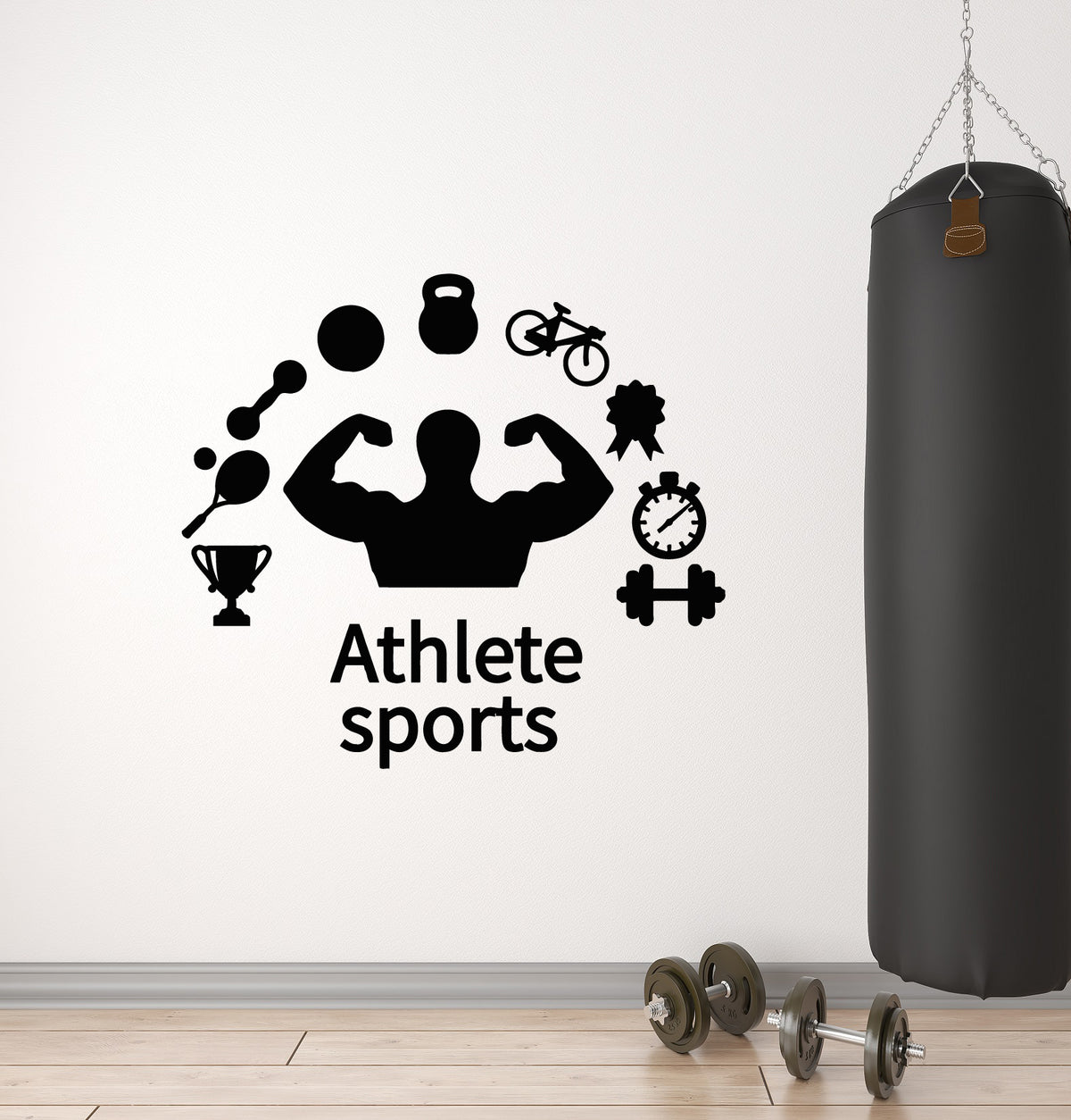 Vinyl Wall Decal Gym Athlete Sports Muscled Dumbbell Bike Stickers Mur ...