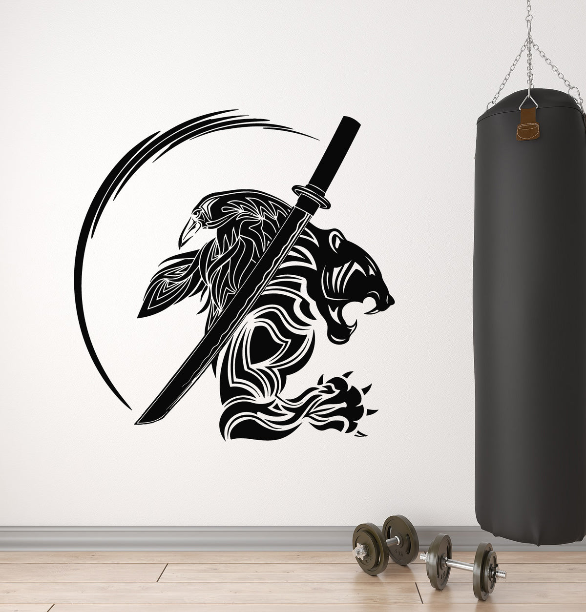 Vinyl Wall Decal Oriental Decor Sword Fight Tribal Big Cat Bird Sticke ...