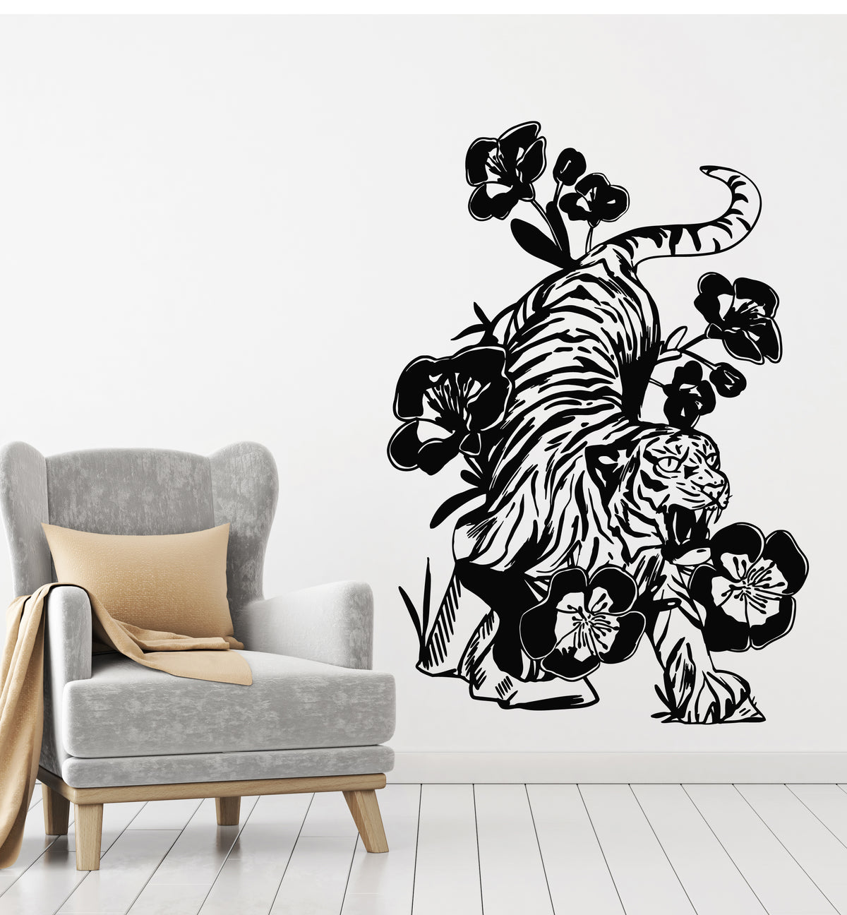 Vinyl Wall Decal Tattoo Tiger Predator Aggressive Animal Flowers Stick ...