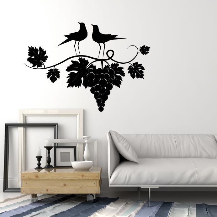 Vinyl Wall Decal Couple Birds Branch Vine Grape Wine Shop Stickers Mur — Wallstickers4you