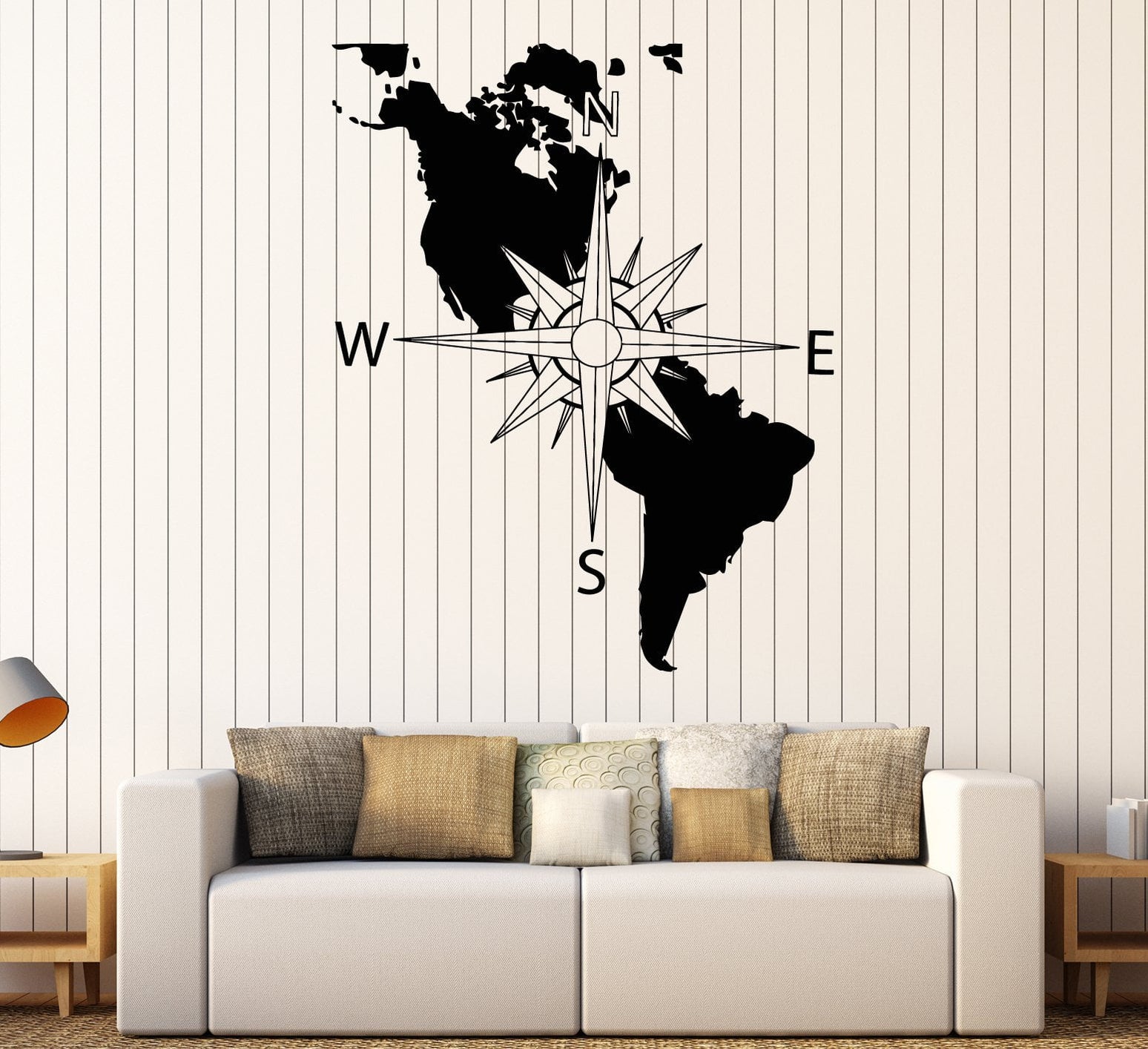 Vinyl Wall Decal Navigation Compass America Continent Map Stickers Uni ...