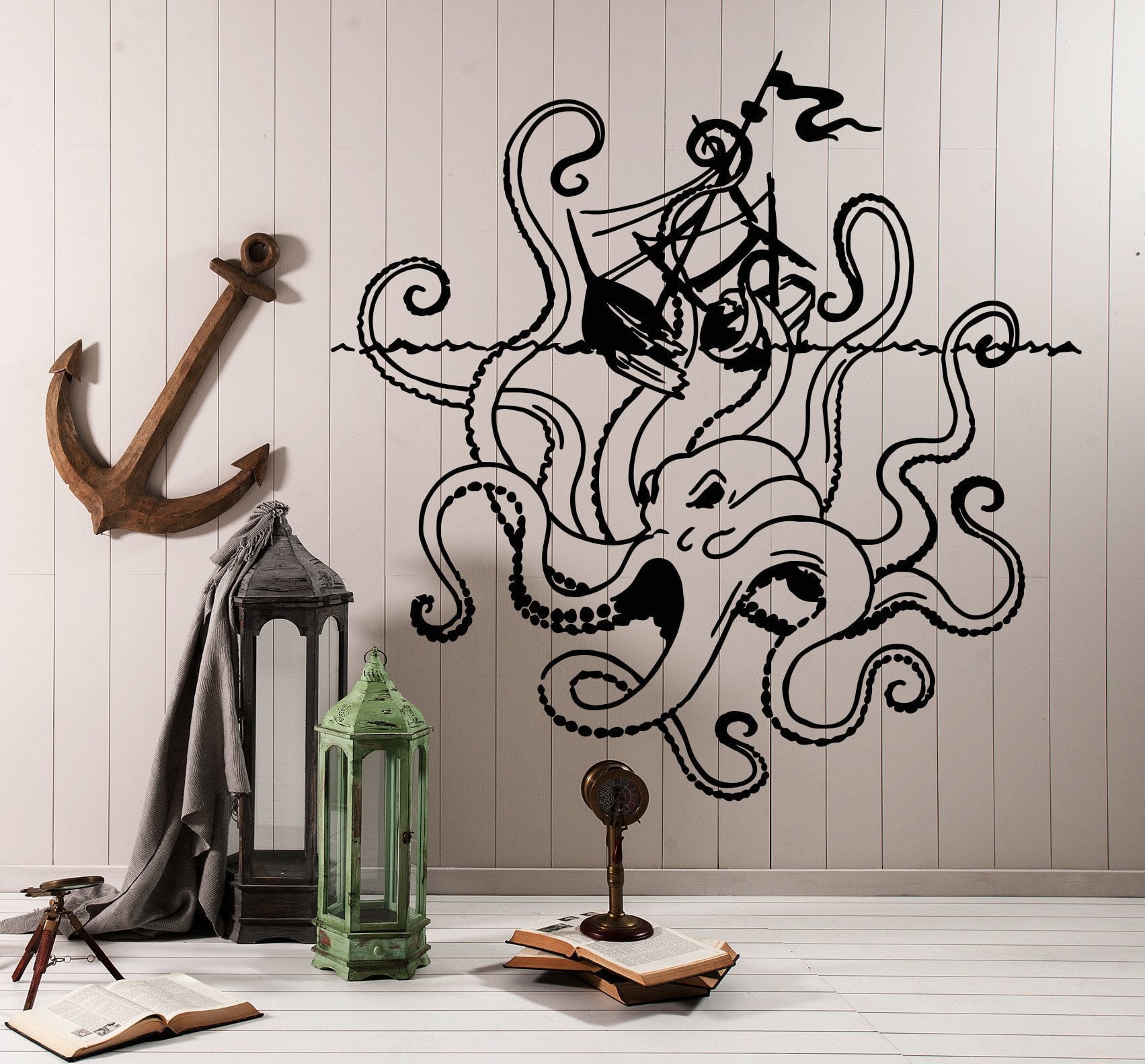 Vinyl Wall Decal Angry Octopus Ship Sea Monster Ocean Style Stickers U ...