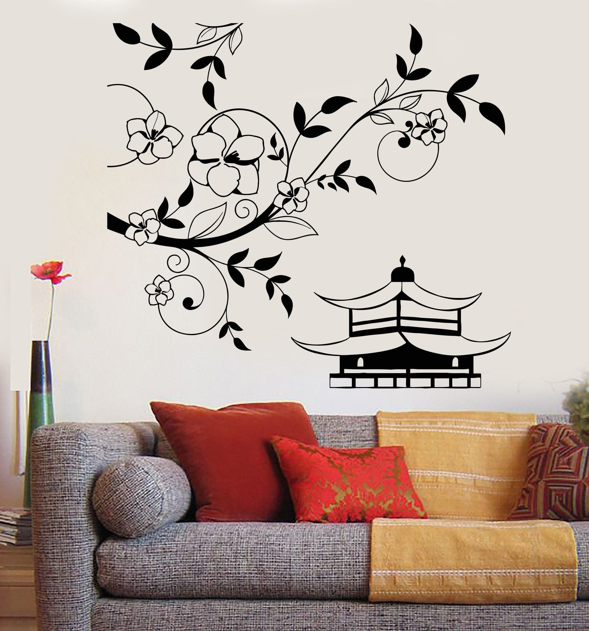 Vinyl Wall Decal Pagoda Sakura Tree Branch China Asian Style Stickers ...