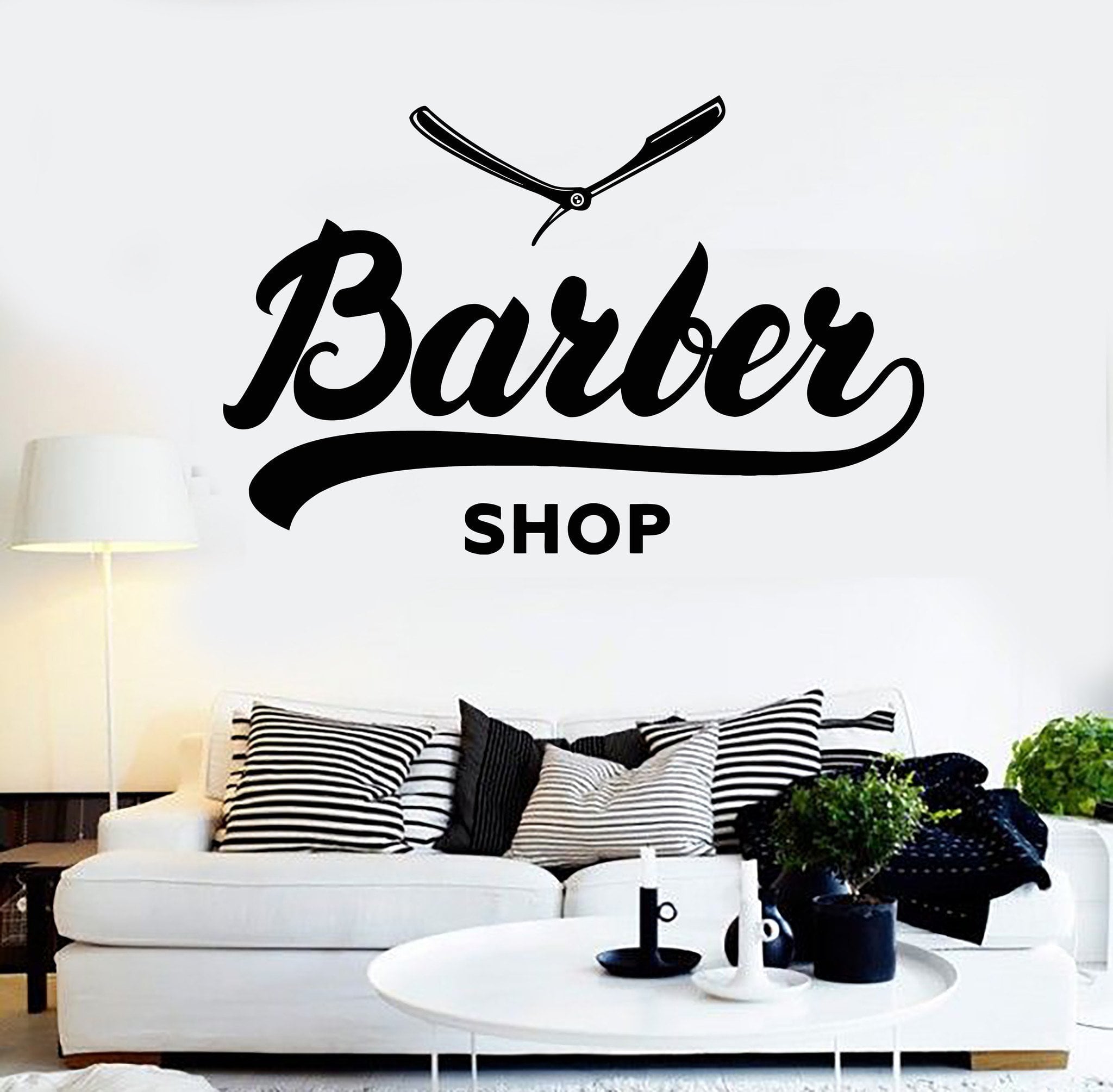 Vinyl Wall Decal Barbershop Word Hair Salon Straight Razor Stickers Un ...