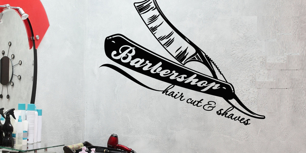 Vinyl Wall Decal Barbershop Logo Straight Razors For Hairdresser Stick ...