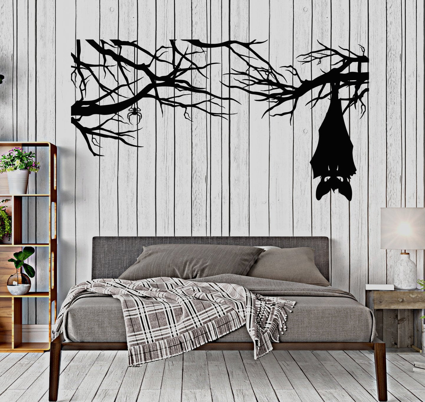 Vinyl Wall Decal Cartoon Gothic Spider Bat On Branch Halloween Sticker ...