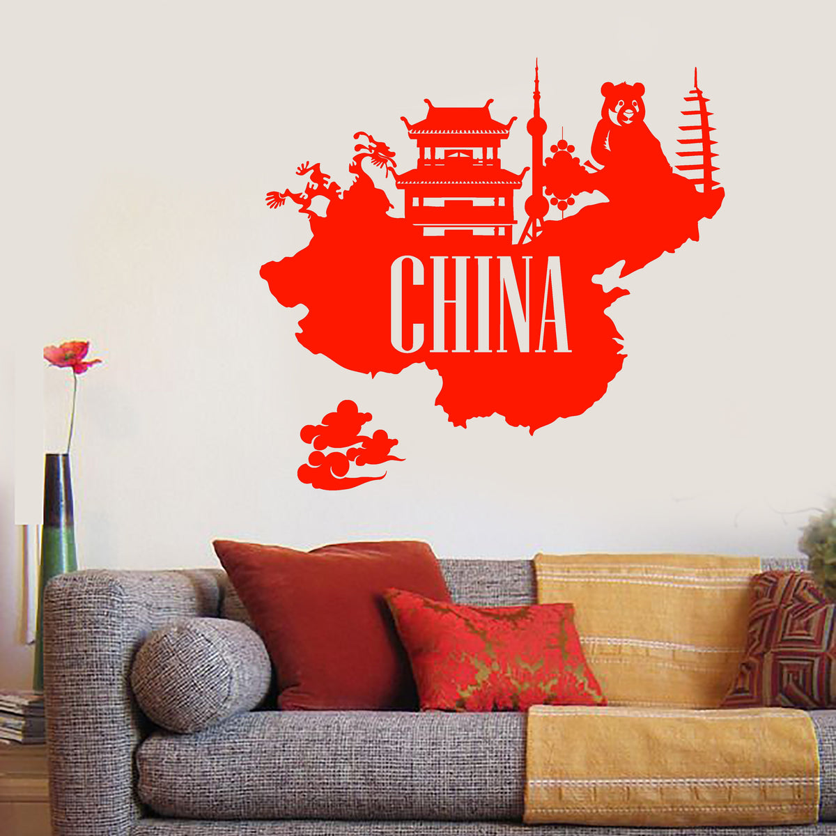 Vinyl Wall Decal China Country Map Asian Style Panda Animal Pagoda Sti ...