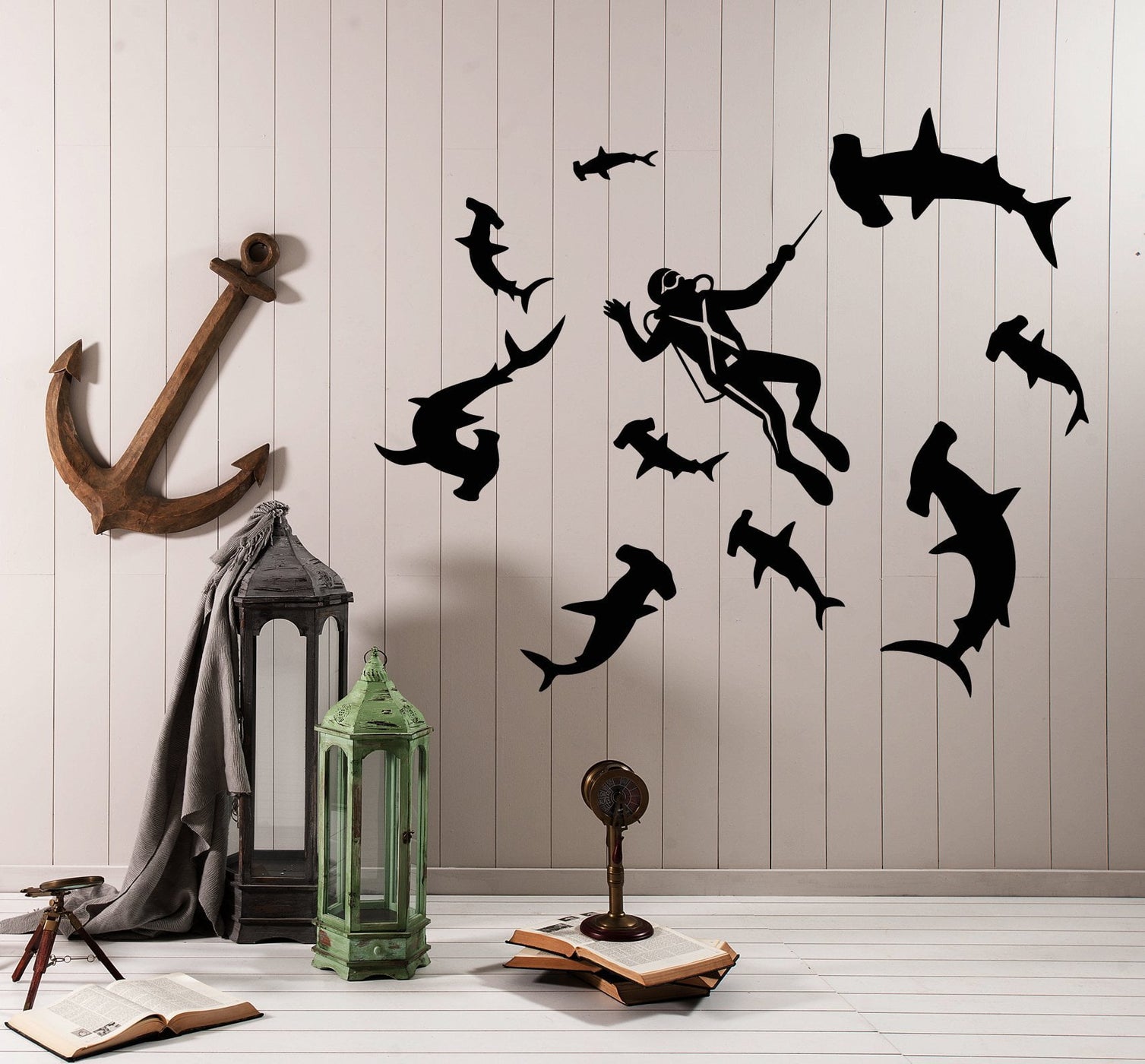 Vinyl Wall Decal Diving Underwater World Diver Sharks Water Stickers ...