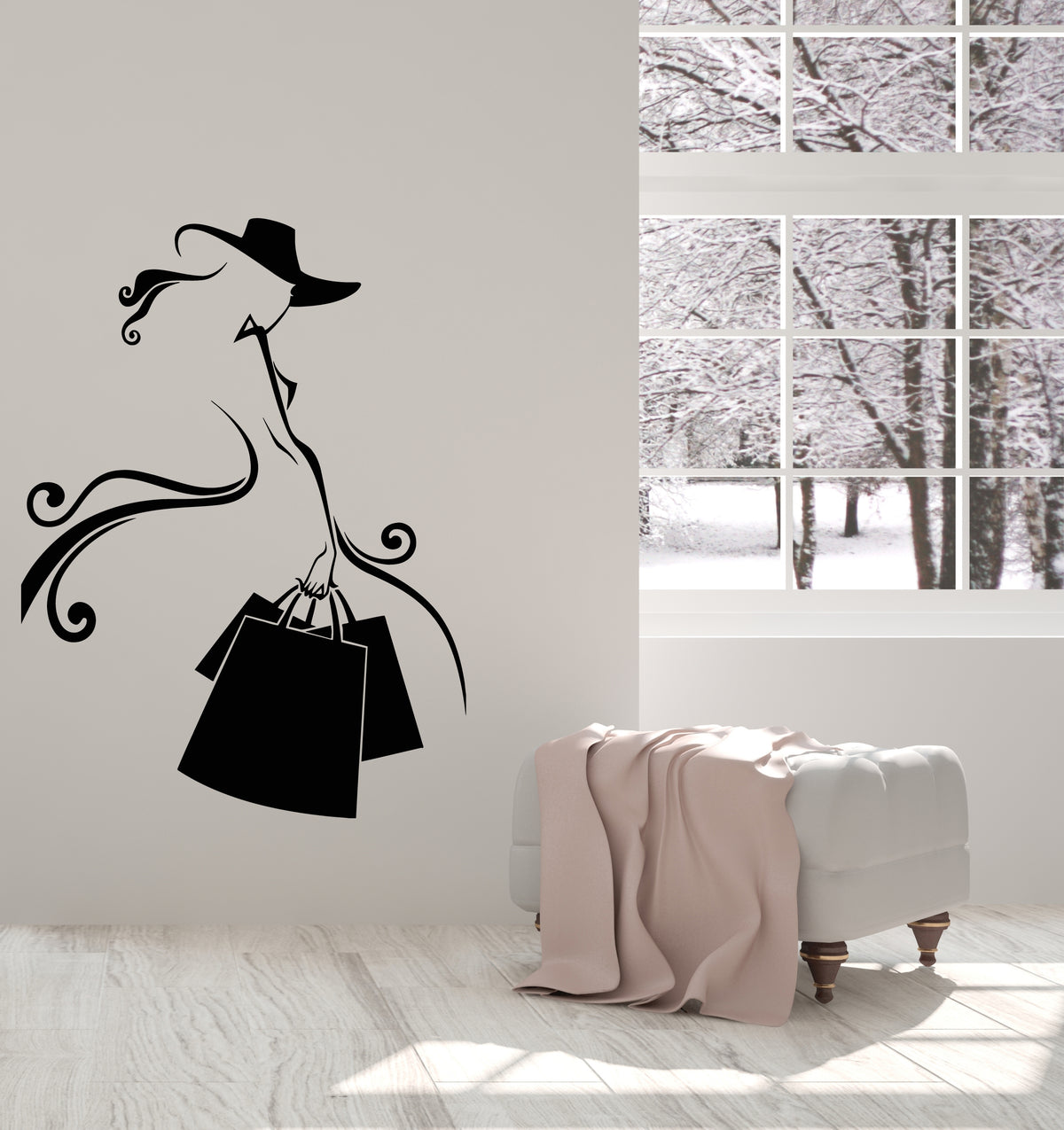 Vinyl Wall Decal Shopping Shopaholic Girl Fashion In Hat Shop Stickers ...