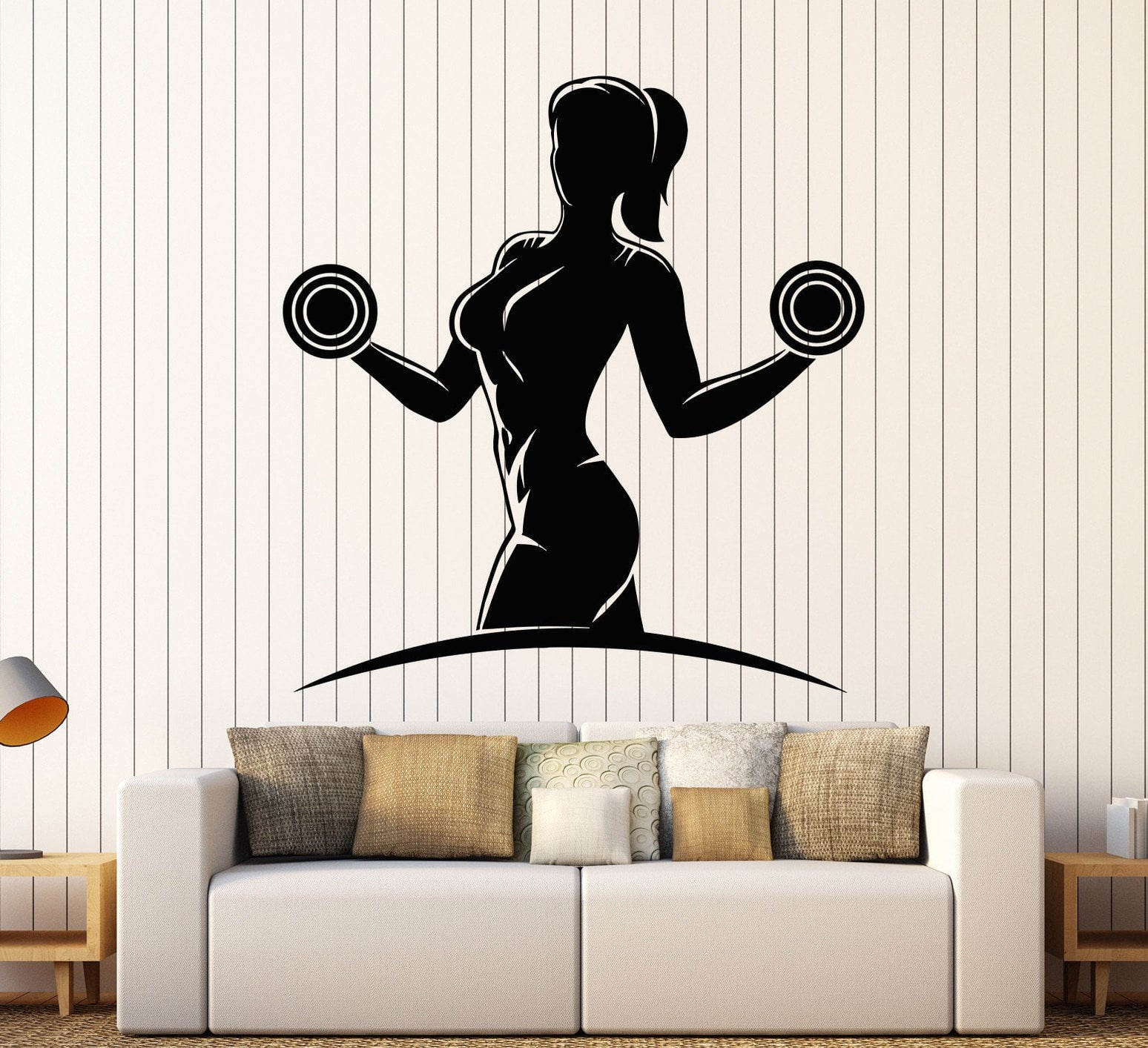 Vinyl Wall Decal Gym Fitness Sports Girl Beautiful Body Dumbbells Stic ...