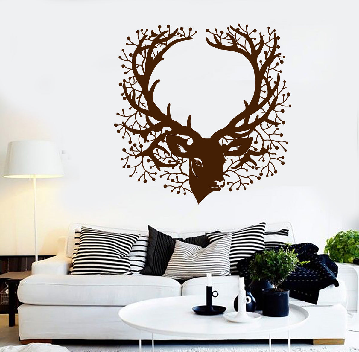 Vinyl Wall Decal Deer Head Beautiful Branch Hunting Horn Stickers (227 ...
