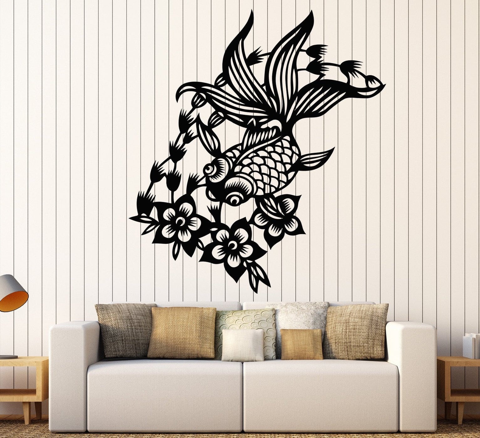 Vinyl Wall Decal Japanese Goldfish Aquarium Flowers Asian Style Sticke ...