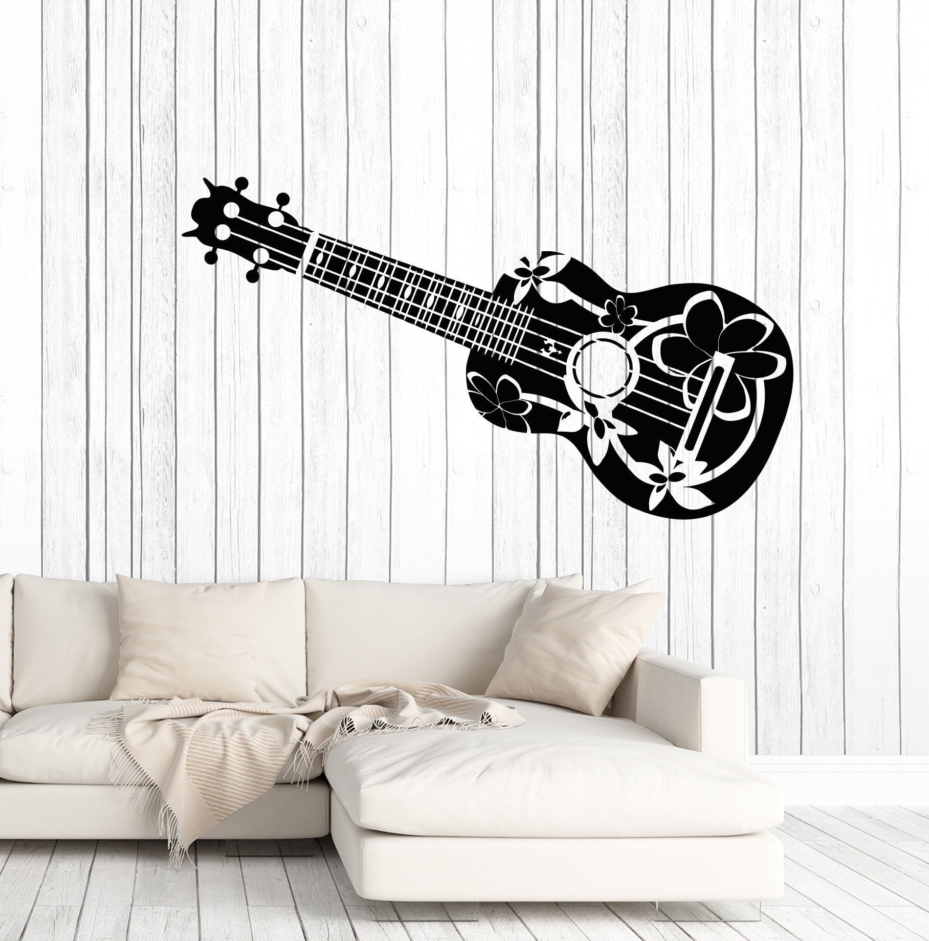 Vinyl Wall Decal Acoustic Guitarist Guitar Musician Flowers Hippie Sti ...