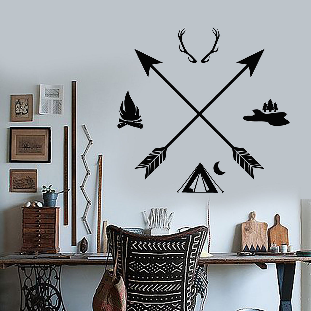 Vinyl Wall Decal Hunting Club Hunter Camping Arrows Ethnic Style Stick ...