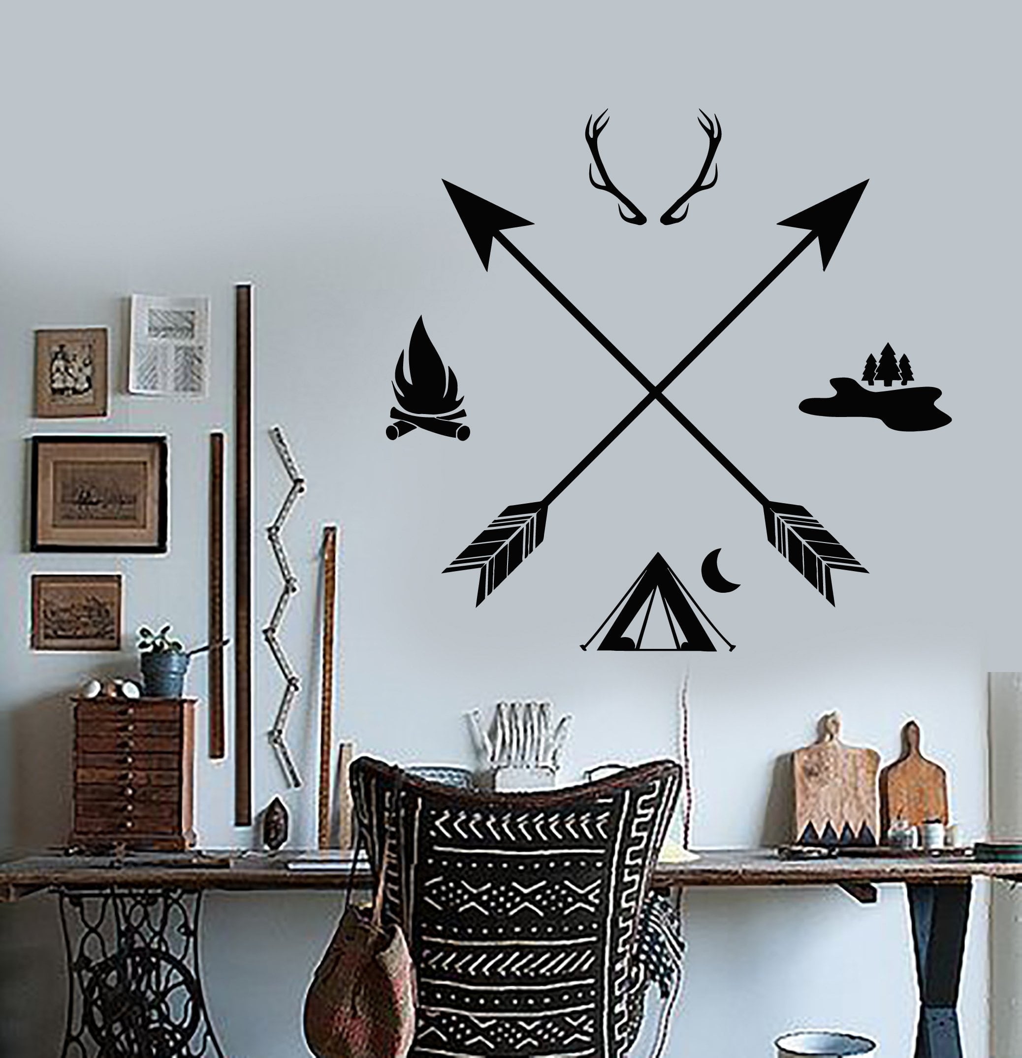 Vinyl Wall Decal Hunting Club Hunter Camping Arrows Ethnic Style Stick ...