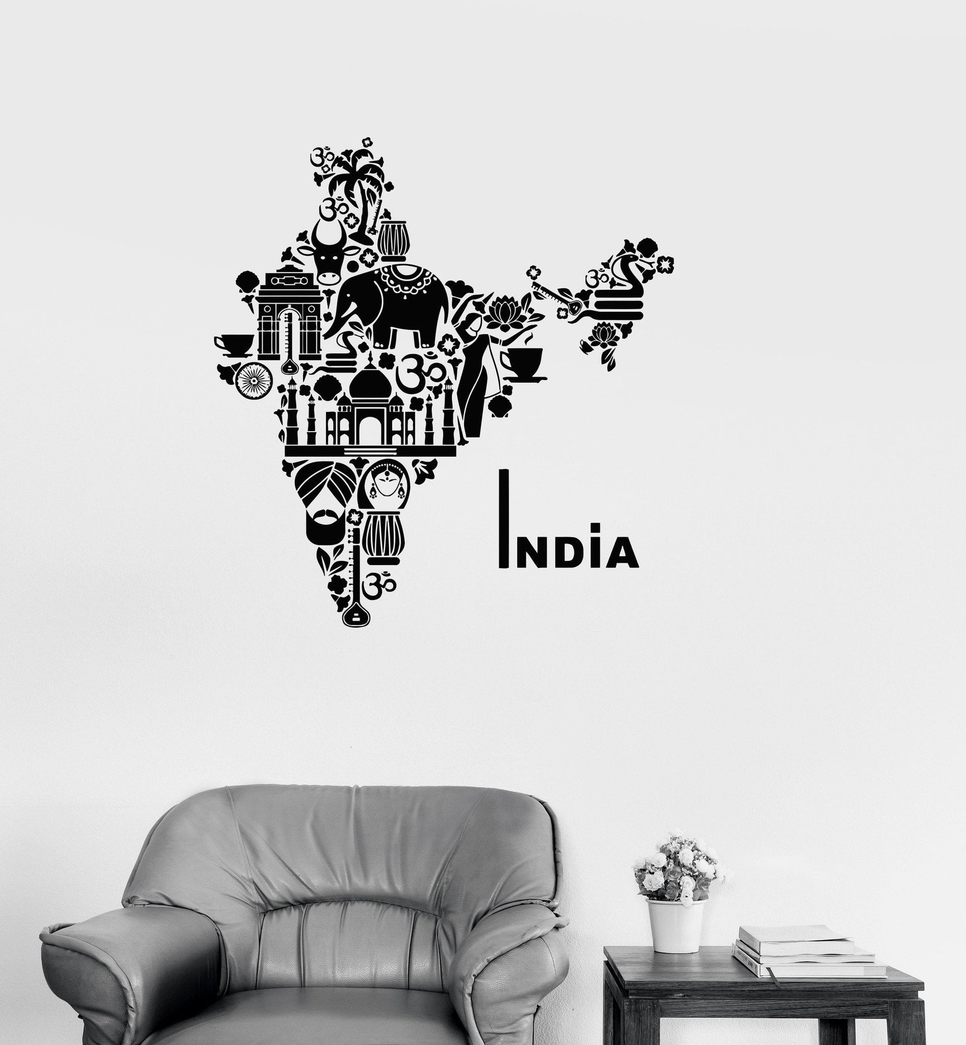 Vinyl Decal India Map Hindu Hinduism Elephant Symbols Decor Wall Stick ...