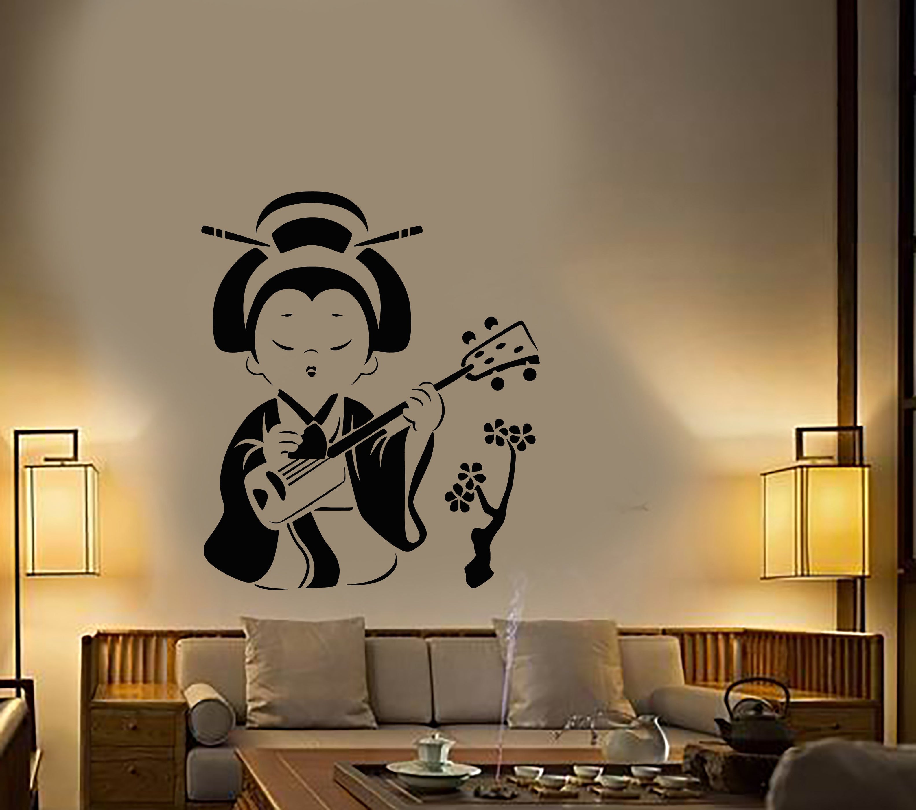 Vinyl Wall Decal Cartoon Japanese Girl Geisha Sakura Tree Stickers (29 ...