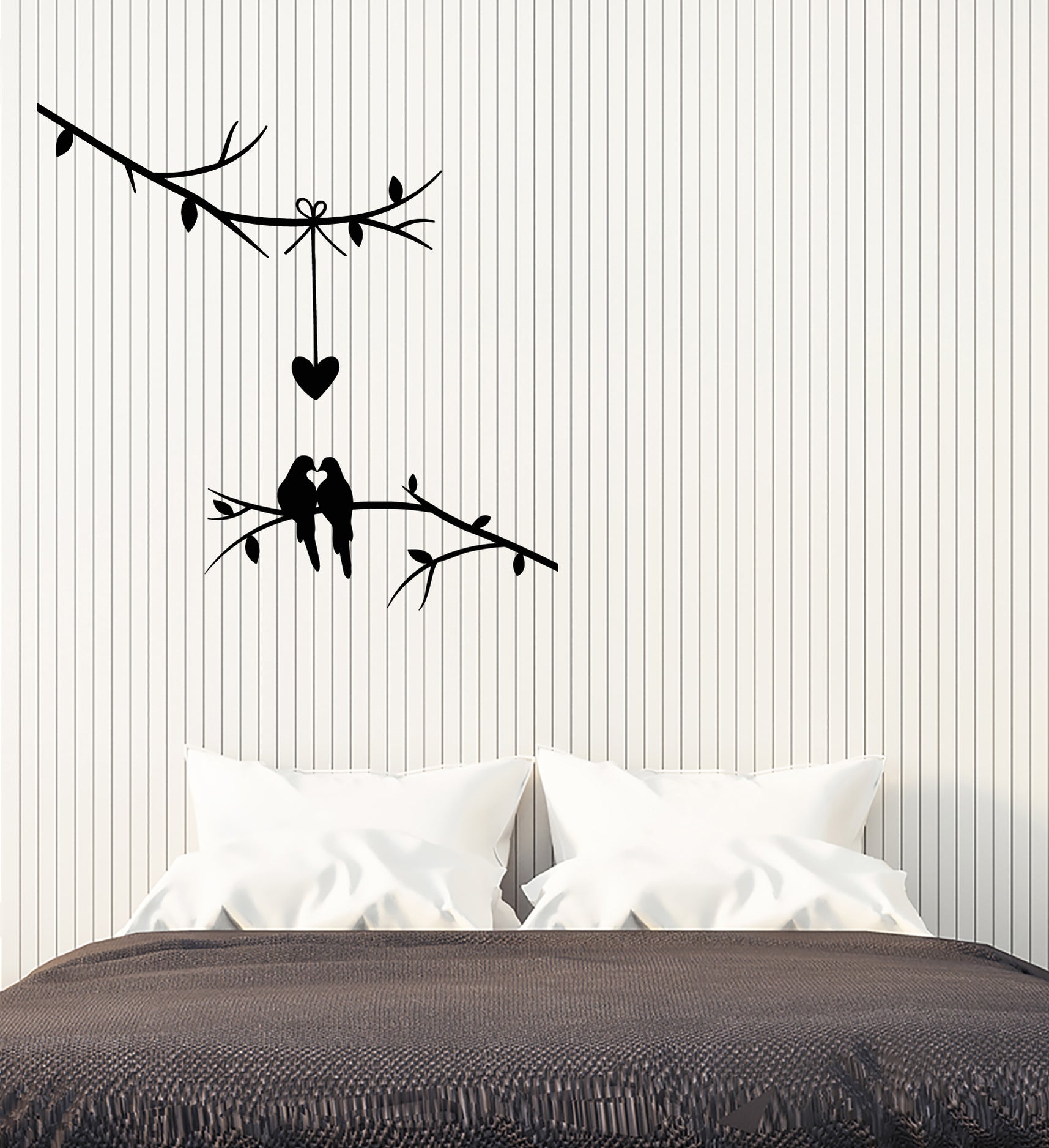 Vinyl Wall Decal Cartoon Love Birds On A Tree Branch Heart Romantic Nu ...