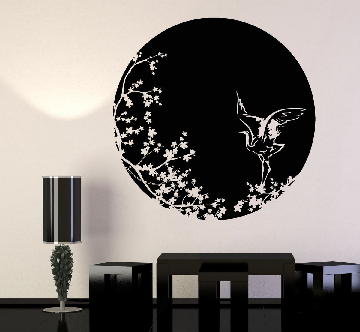 Vinyl Wall Decal Sakura Tree Branch Heron Art Asian Style Bird Sticker ...