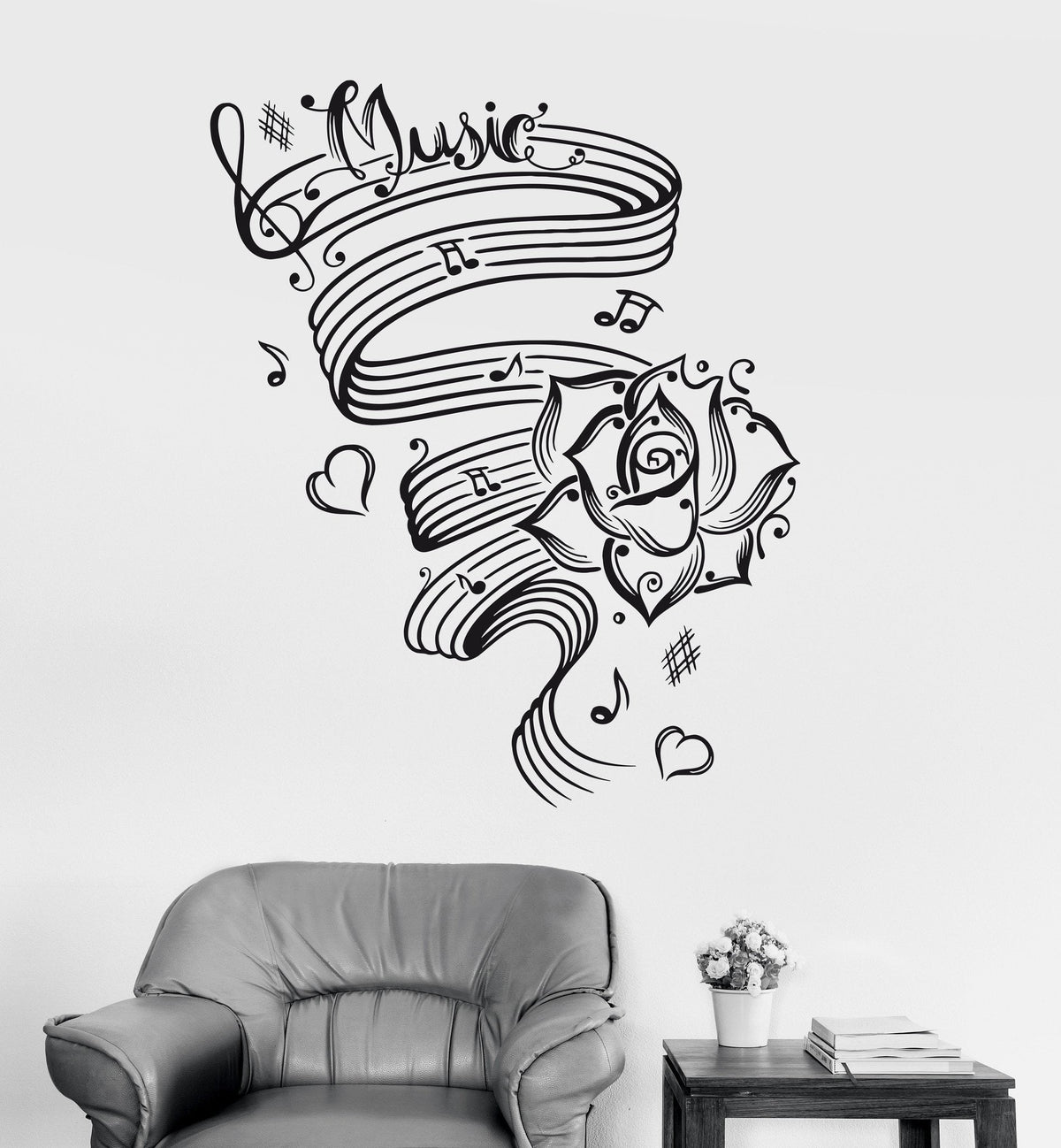Vinyl Wall Decal Music Room Decor Musical Notes Rose Stickers Mural Un ...