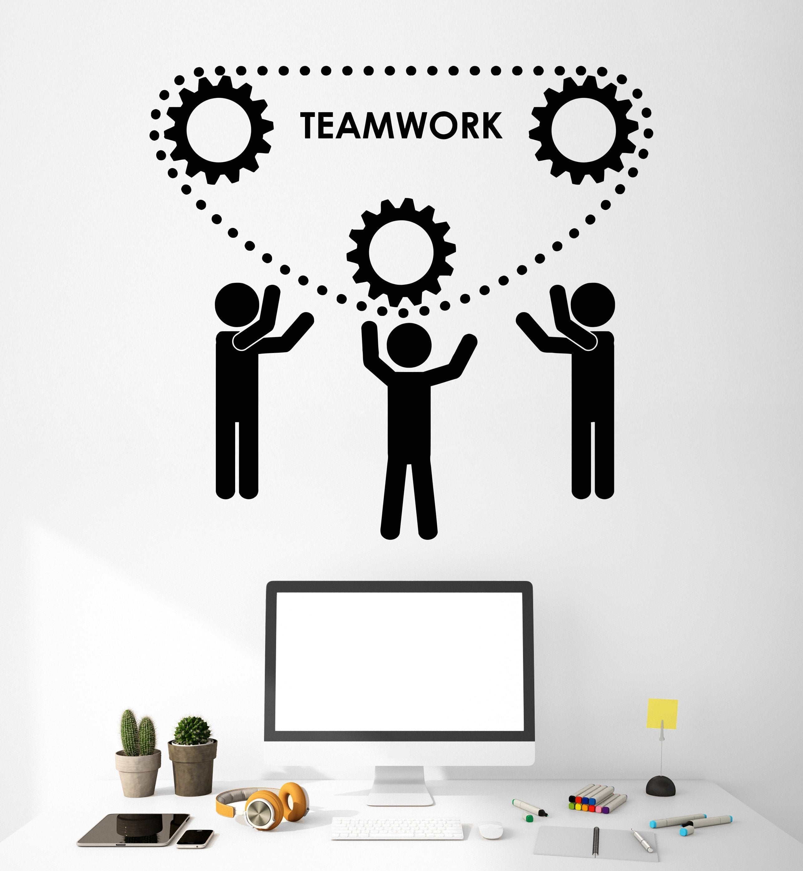 Vinyl Wall Decal Teamwork Office Decor Worker Gears Mechanism Stickers ...