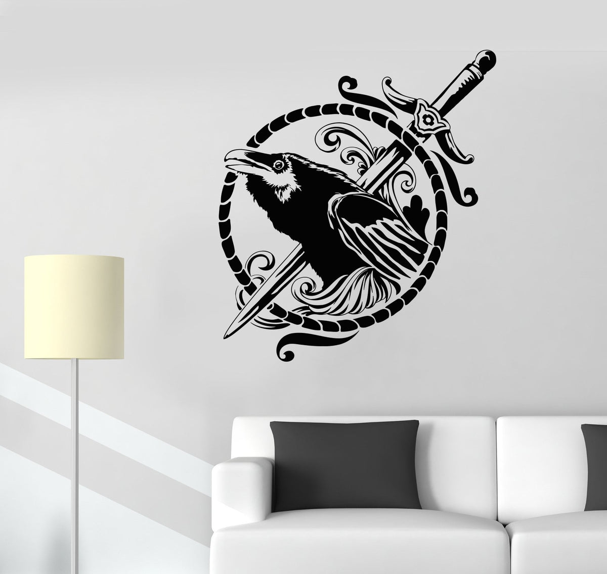 Vinyl Wall Decal Black Raven Symbol Sword Gothic Style Bird Stickers U ...
