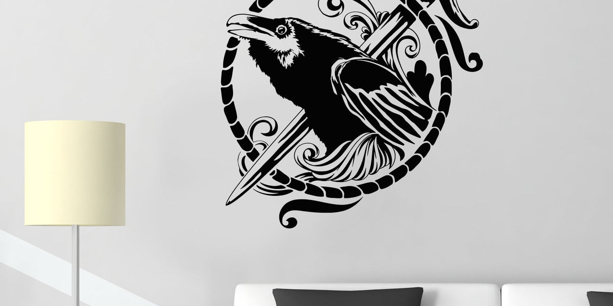 Vinyl Wall Decal Black Raven Symbol Sword Gothic Style Bird Stickers U ...