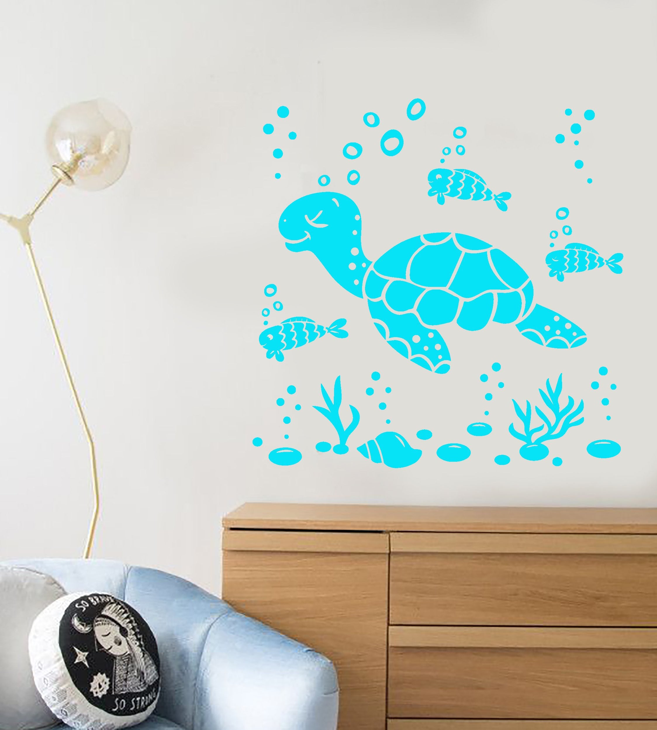Vinyl Wall Decal Cartoon Sea Turtle Fish Ocean Style Water Bubbles Sti ...