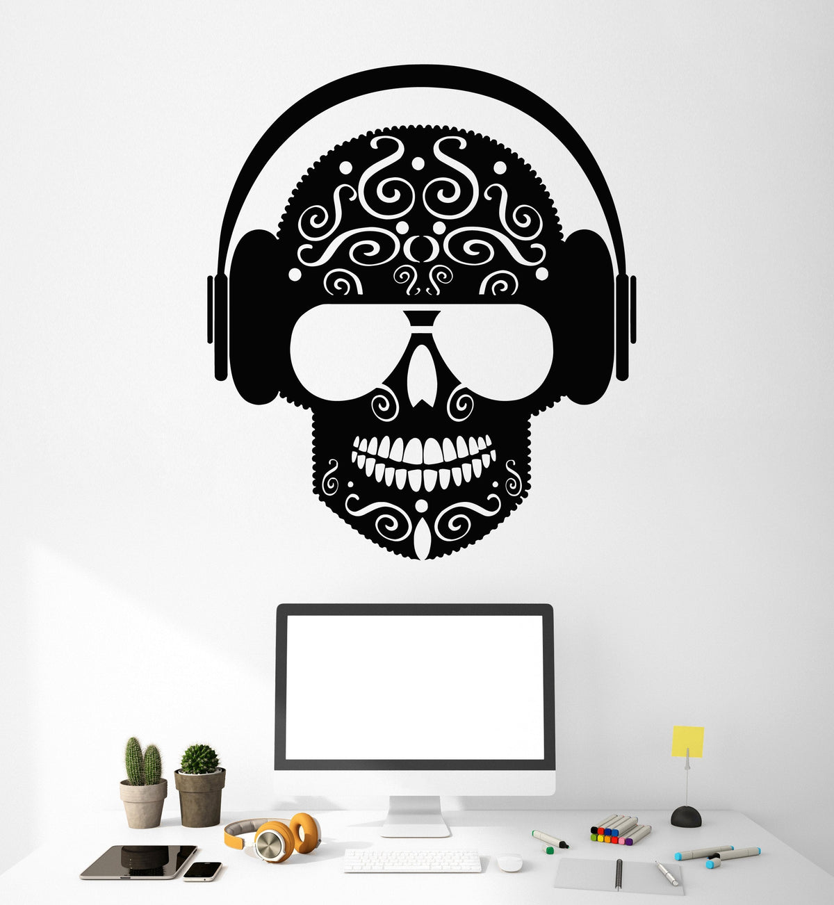 Vinyl Wall Decal Musical Skull Headphones Music Teen Room Stickers Uni ...