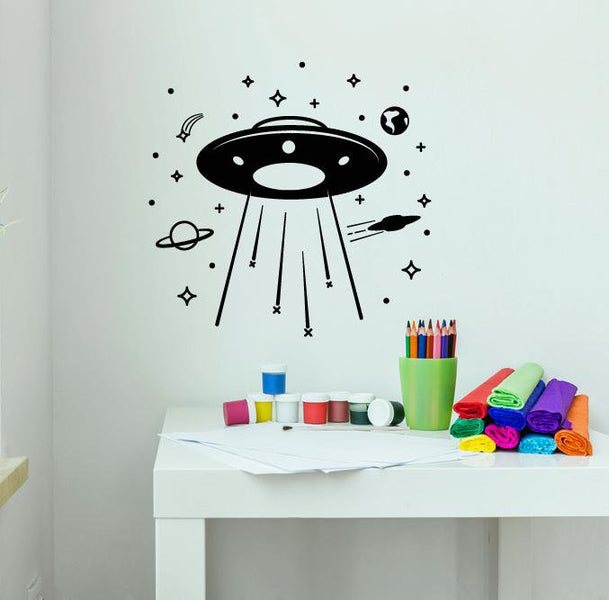 Vinyl Wall Decal Cartoon Alien Ship Cosmos Saturn Planet Stars Sticker ...