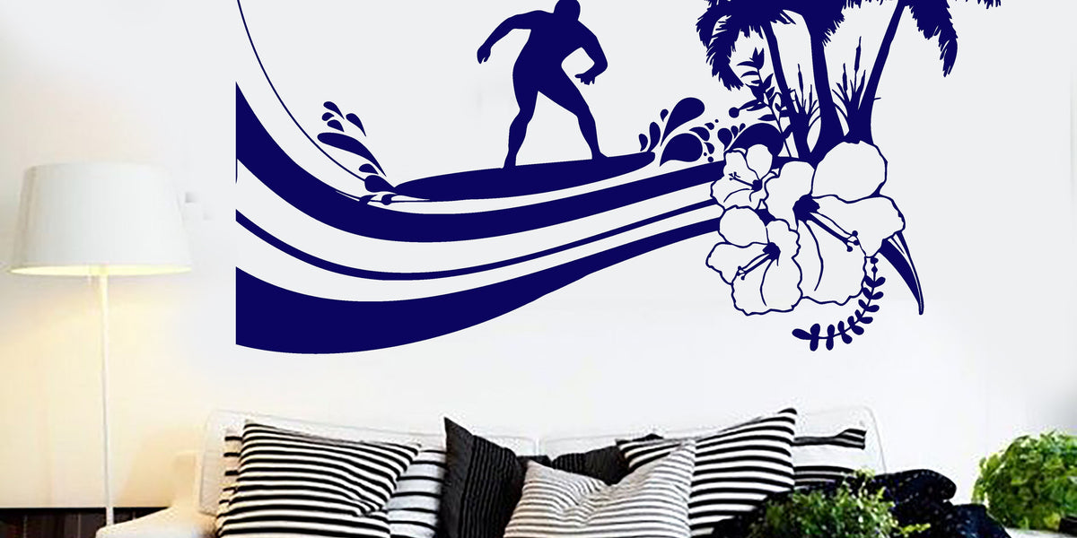 Vinyl Wall Decal Surfing Wave Palm Tree Beach Style Surfer Island Stic ...