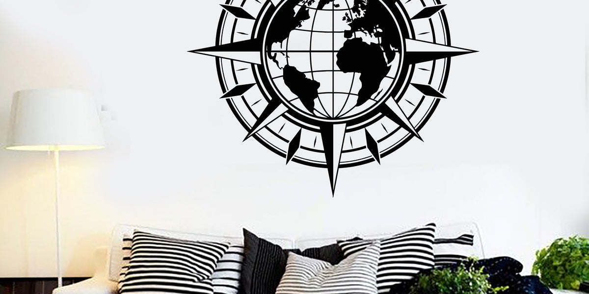 Vinyl Wall Decal Map Of World Compass Travel Globe Earth Stickers Uniq ...