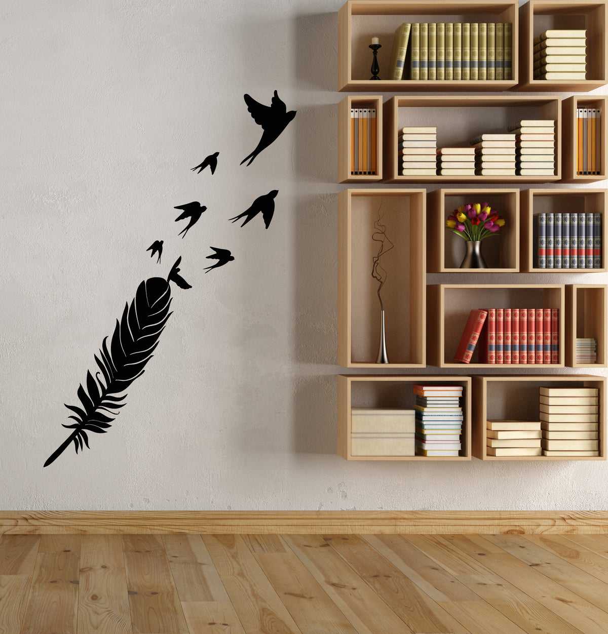 Vinyl Wall Decal Quill Pen Flock Of Birds Feather For Writer Stickers ...