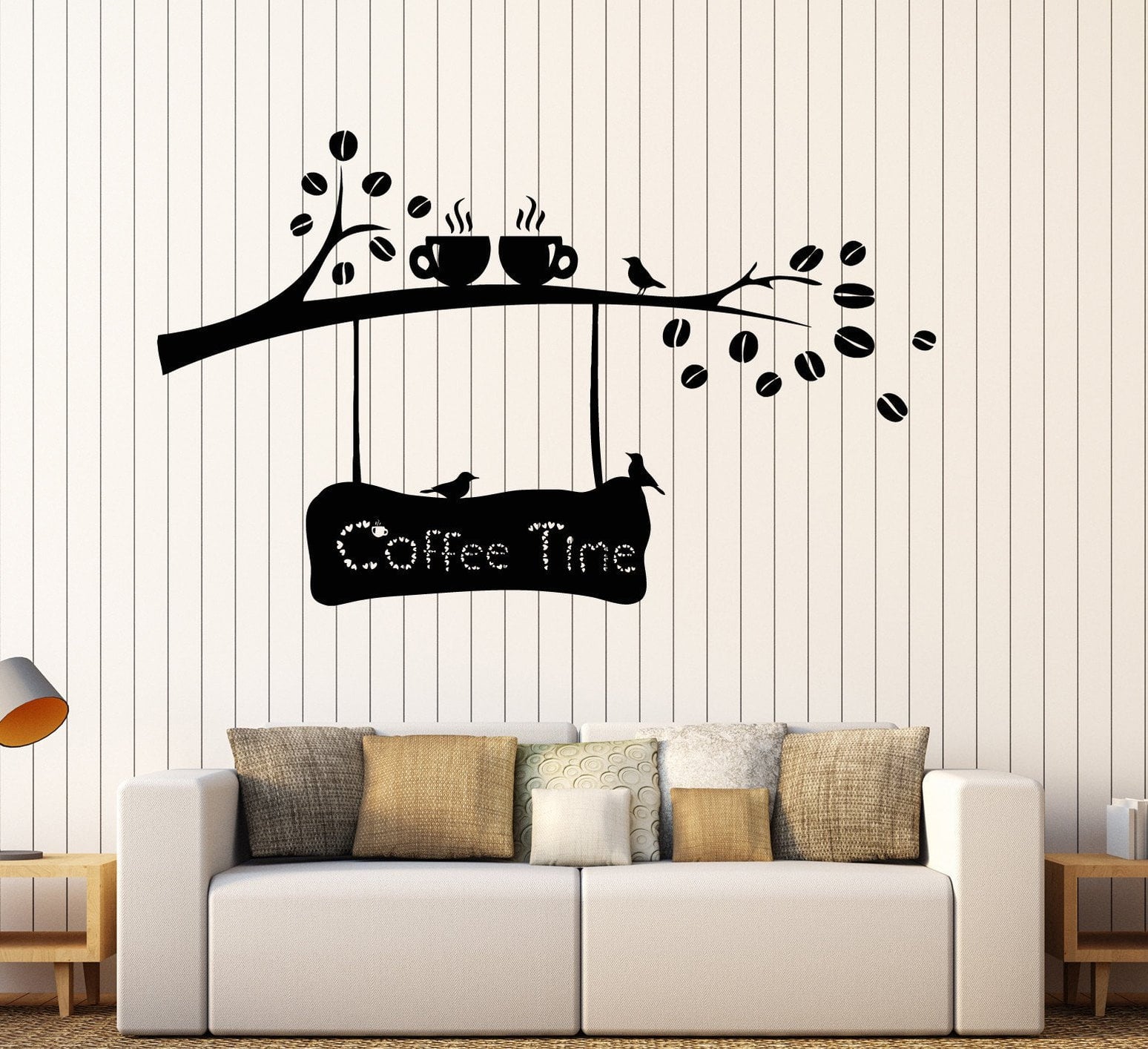 Vinyl Wall Decal Coffee Beans Branch Cup Birds Kitchen Decor Stickers ...