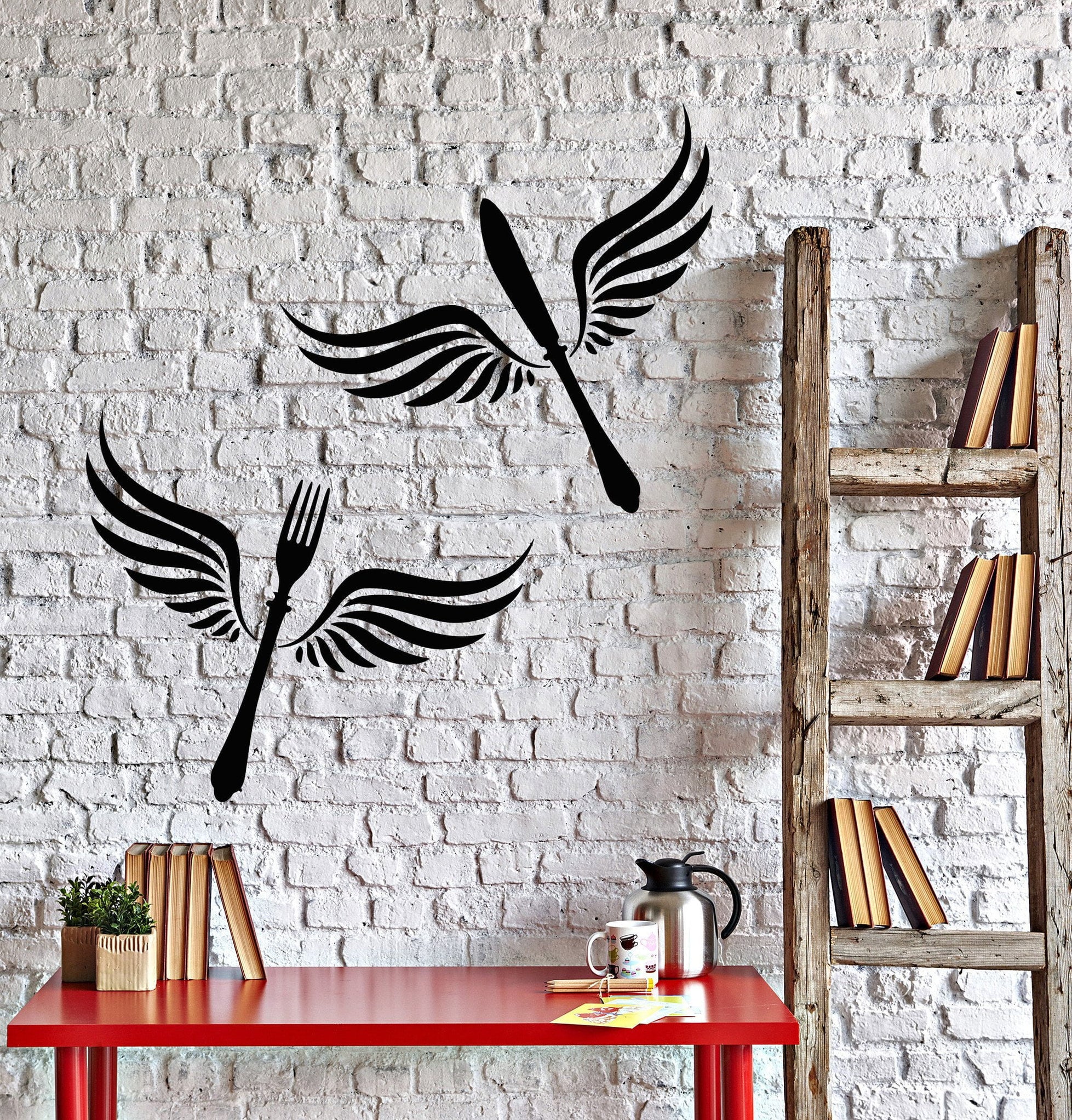 Vinyl Wall Decal Cutlery Wings Kitchen Restaurant Decor Stickers Uniqu ...