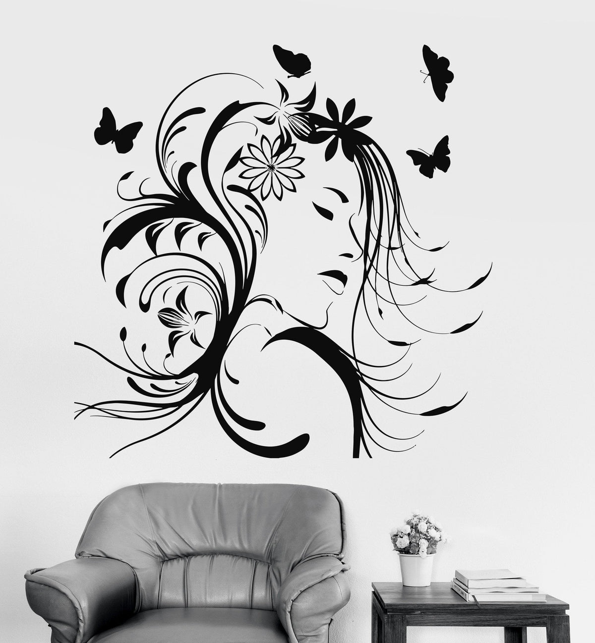 Vinyl Wall Decal Pretty Woman Beauty Salon Hairstyle Butterflies Stick ...