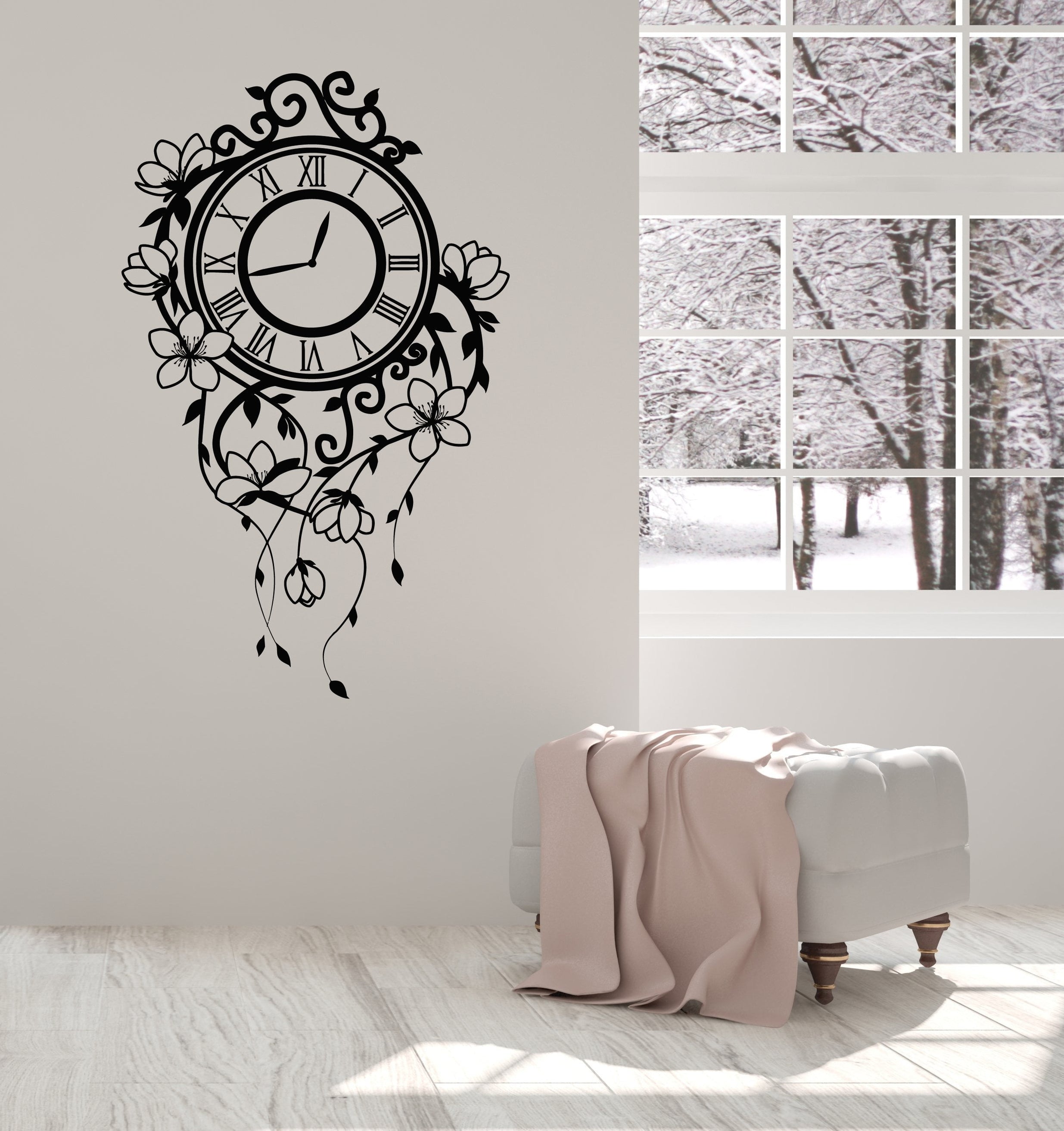 Vinyl Wall Decal Floral Clock Beautiful Home Room Decorating Art Stick ...