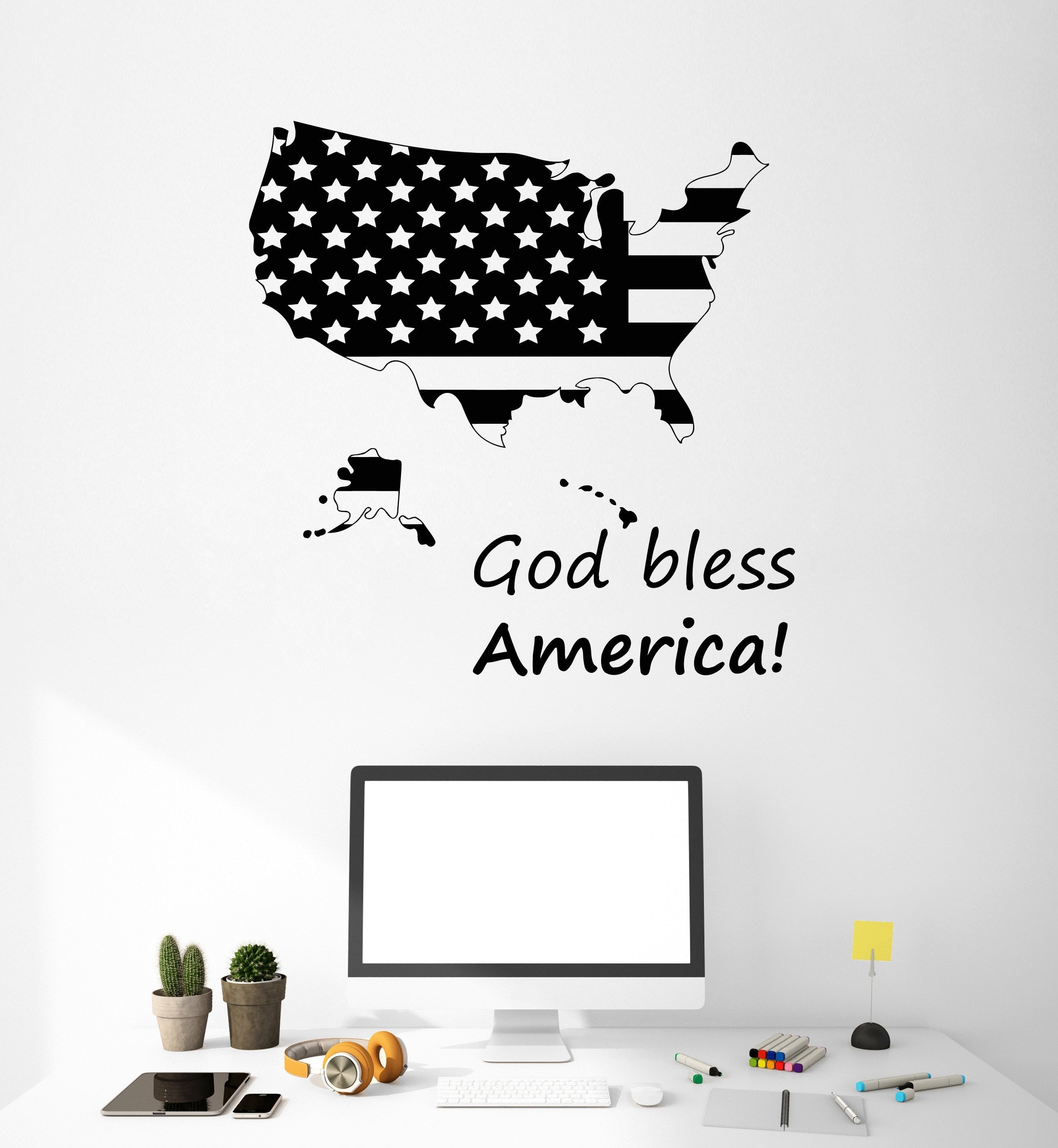 Vinyl Wall Decal Patriotic Art USA Map Quote Home Room Decor Stickers ...