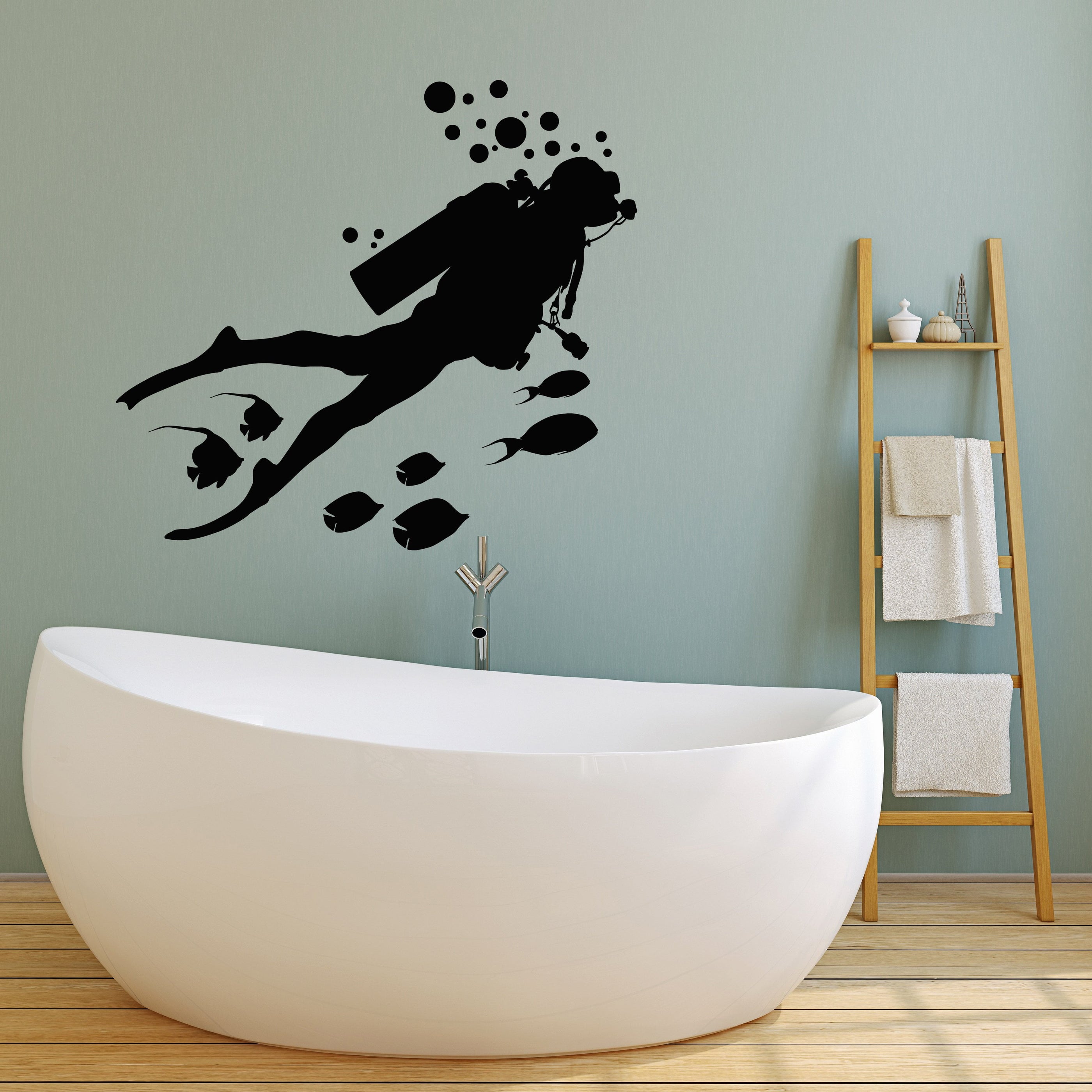 Vinyl Wall Decal Scuba Diving Diver Fishes Bubbles Underwater Bathroom ...