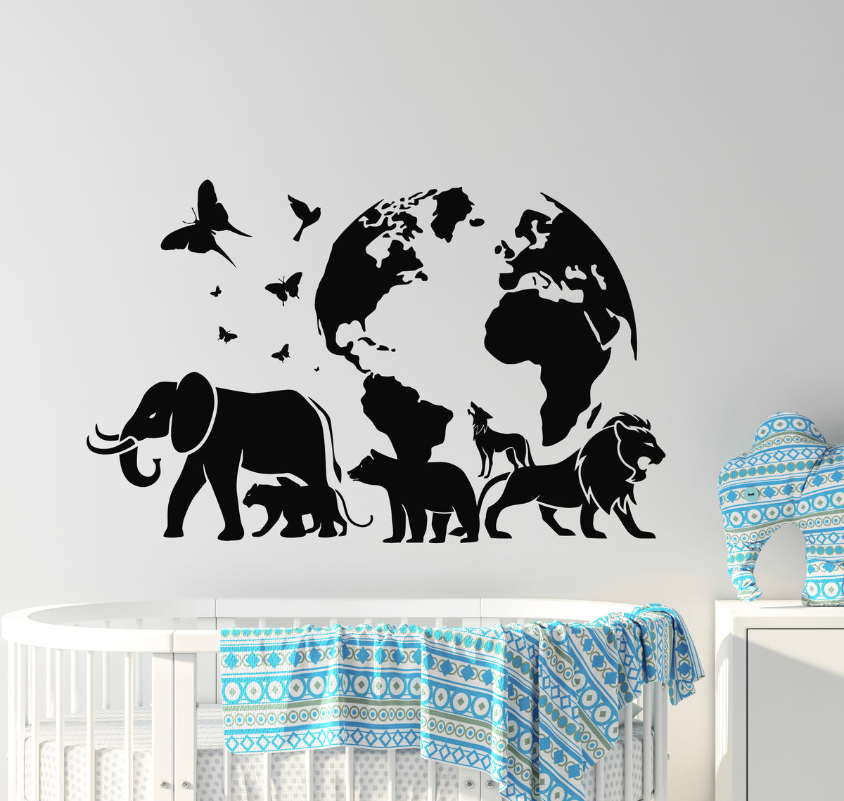 Vinyl Wall Decal Elephant Bear Wolf Lion Wild Animals Butterflies Eart ...