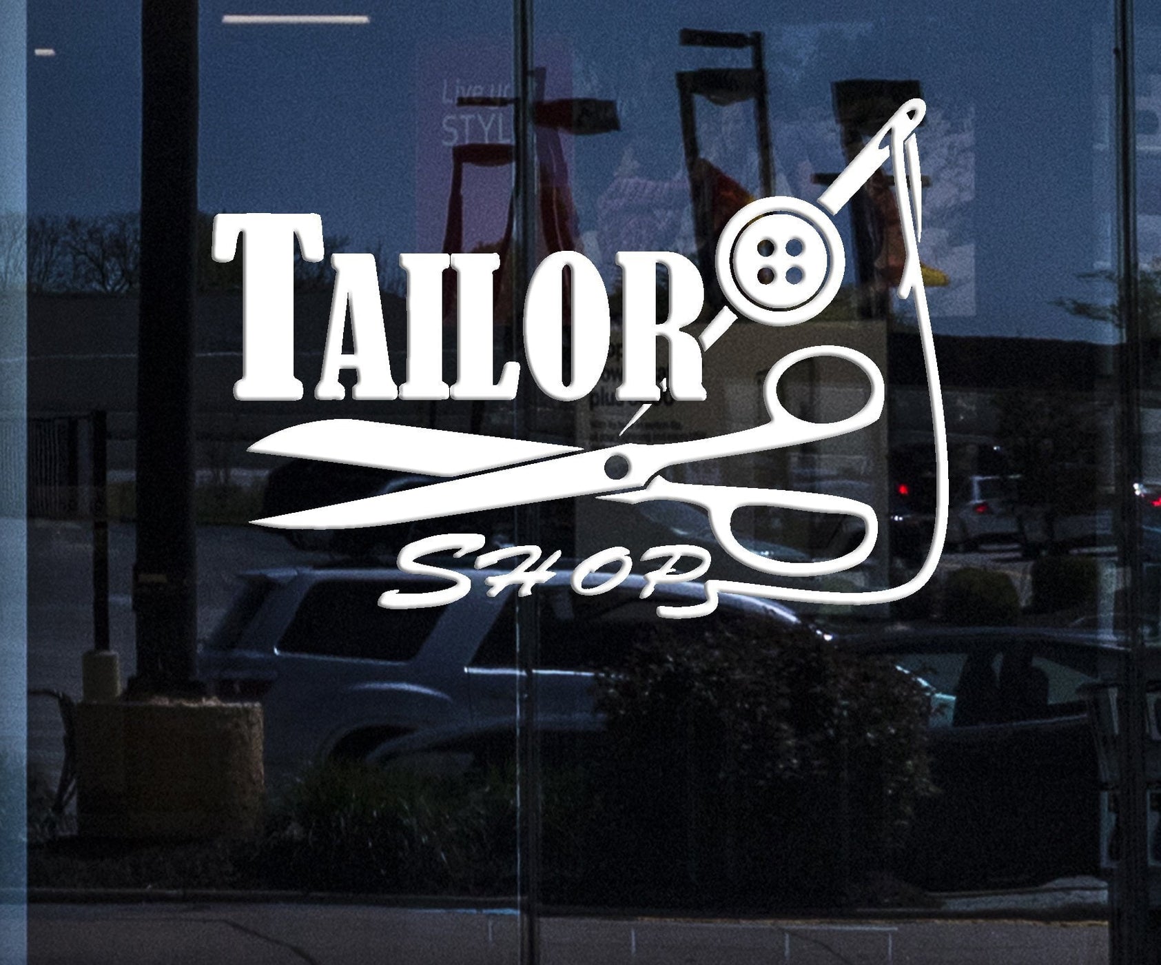 Window Vinyl Wall Decal Seamstress Tailor Shop Logo Threads Needle Sci ...