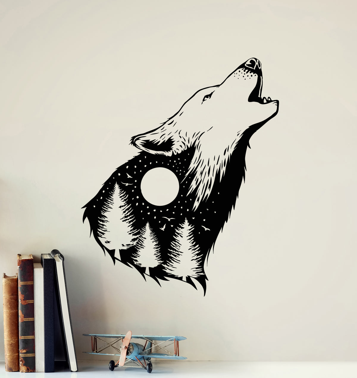 Vinyl Wall Decal Abstract Howling Wolf Head Night Moon Stickers Mural ...